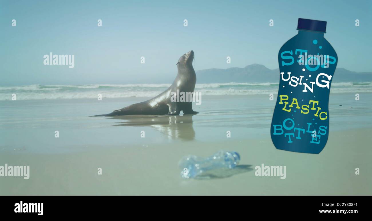 Image of stop using plastic bottles text on bottle over seal and ...