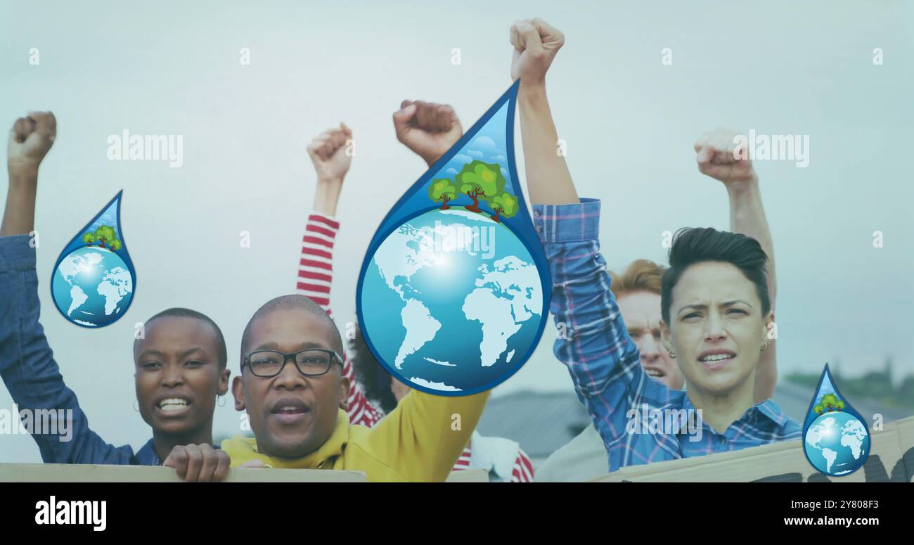 Image of fight climate change placards and earth water drops over ...
