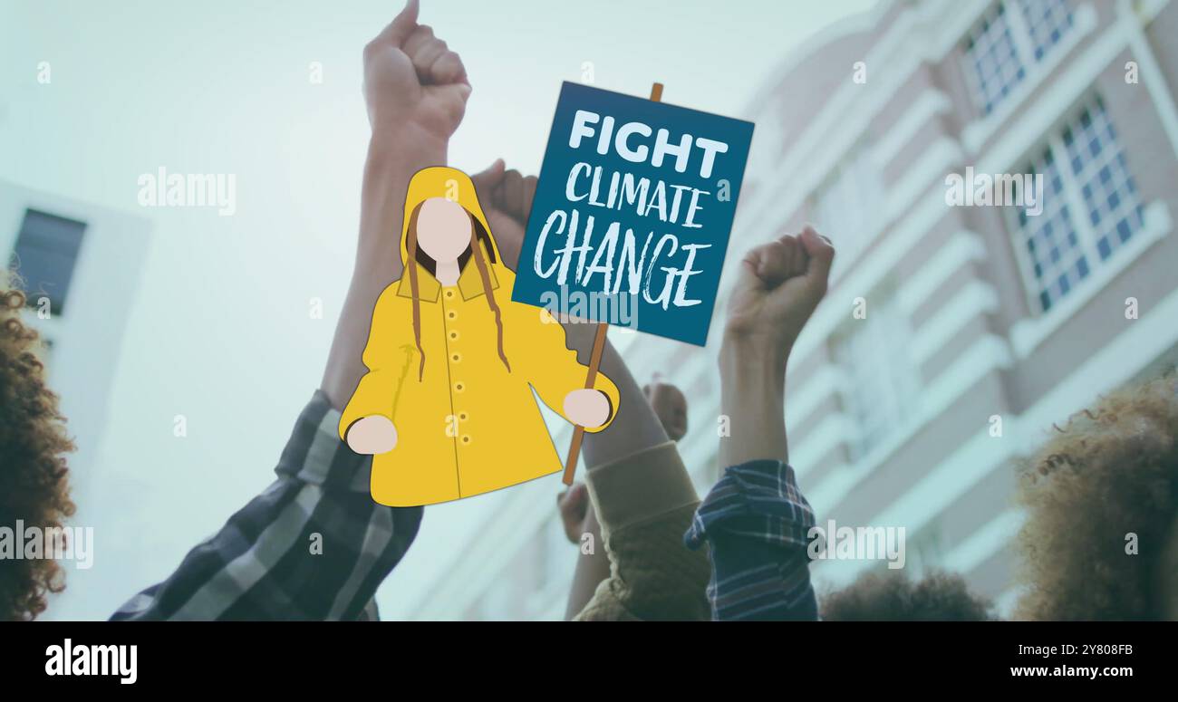 Image of caucasian girl with fight climate change placard and diverse ...