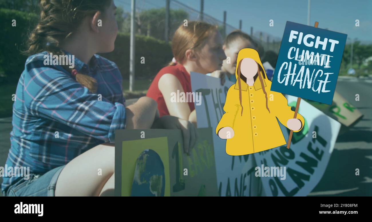 Image of caucasian girl with fight climate change placard over diverse ...