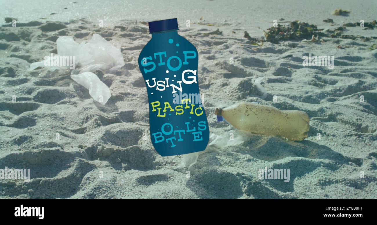 Image of stop using plastic bottles text on bottle over rubbish on ...
