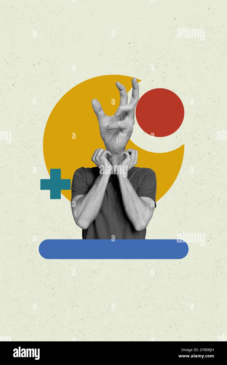 Vertical photo collage of young man instead head aggressive hand ...