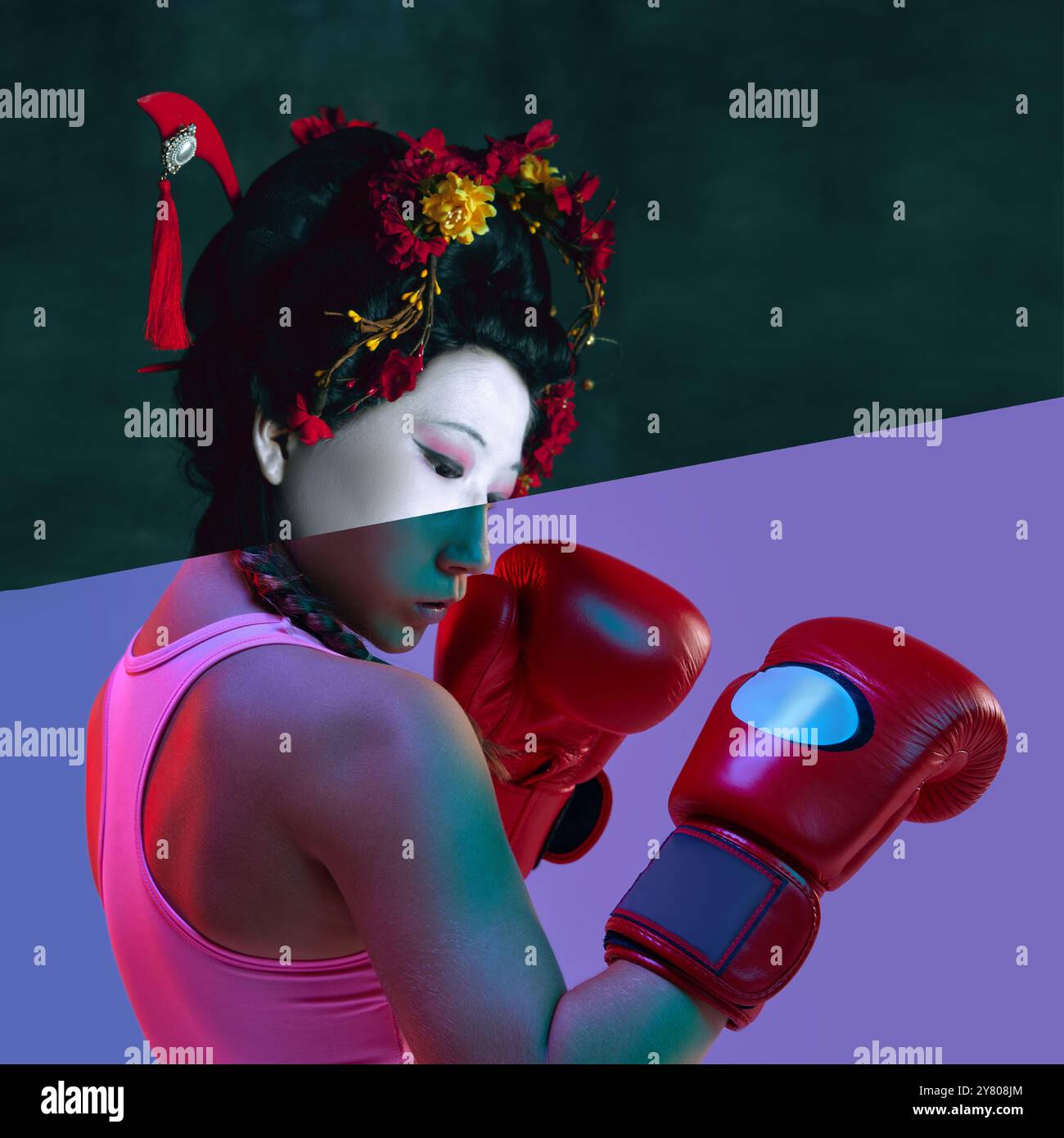 Geisha boxer. Creative collage with Asian woman with traditional geisha ...