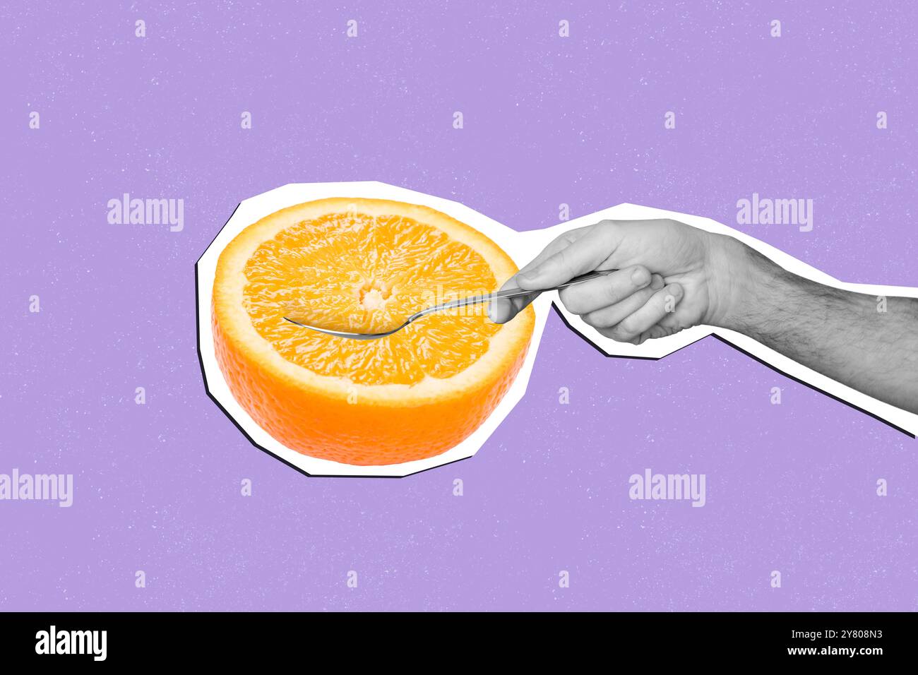 Creative image collage human hand body fragment eat orange juicy fresh ...