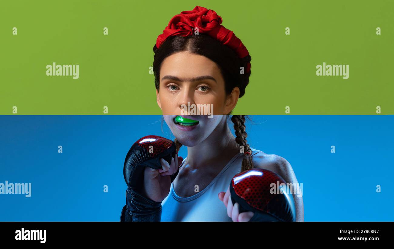 Frida boxer. Creative collage. Woman styled like Frida Kahlo with red ...