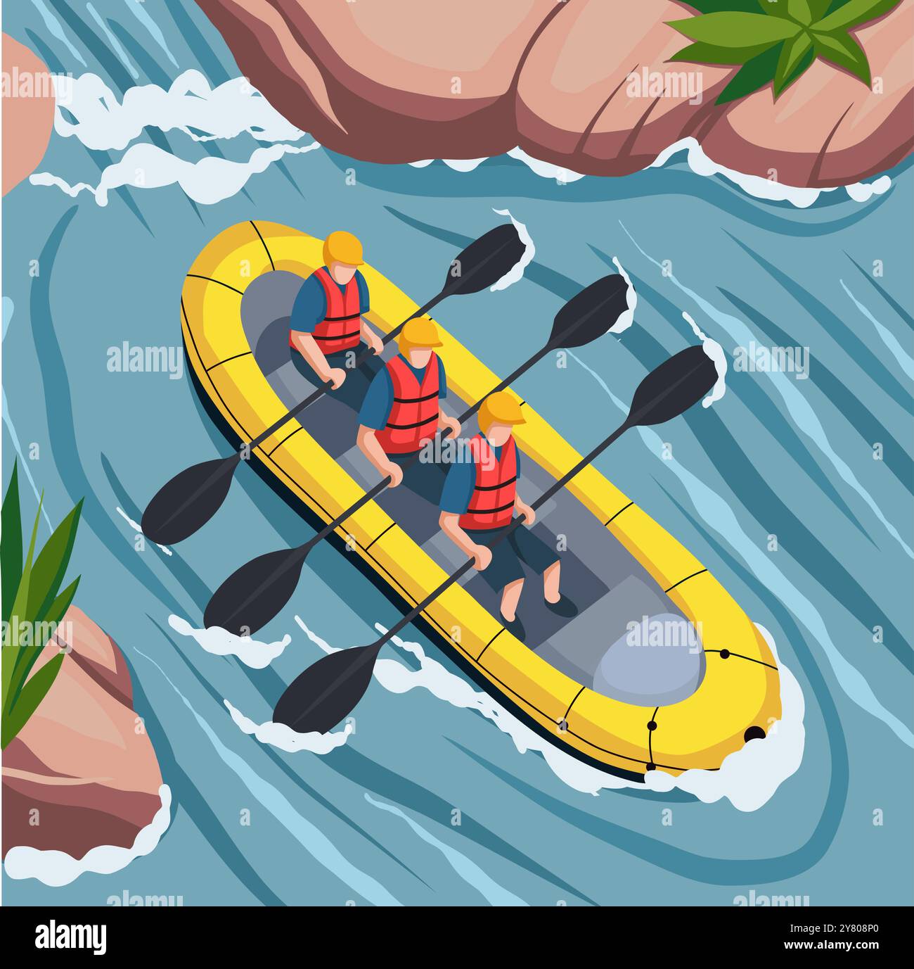 Vector illustration of rafting on river top view. Active sport leisure ...