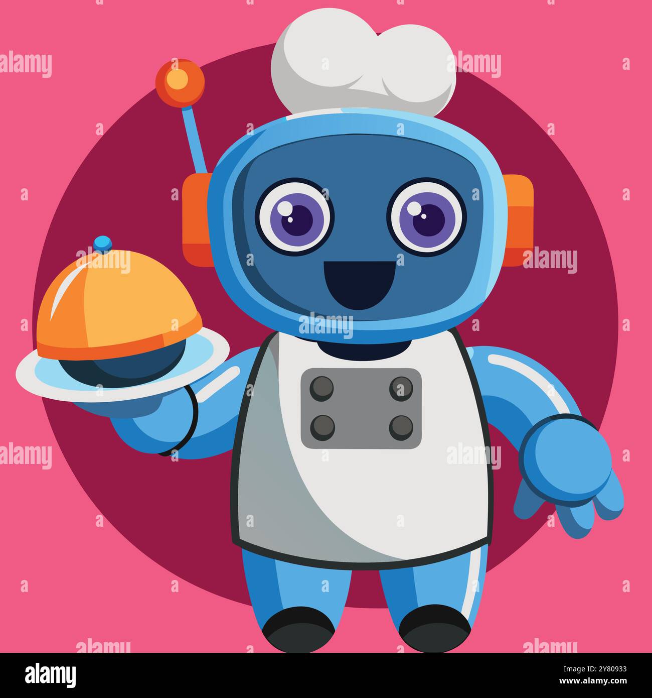 A friendly blue robot chef with a white hat and apron. holding a cloche ...