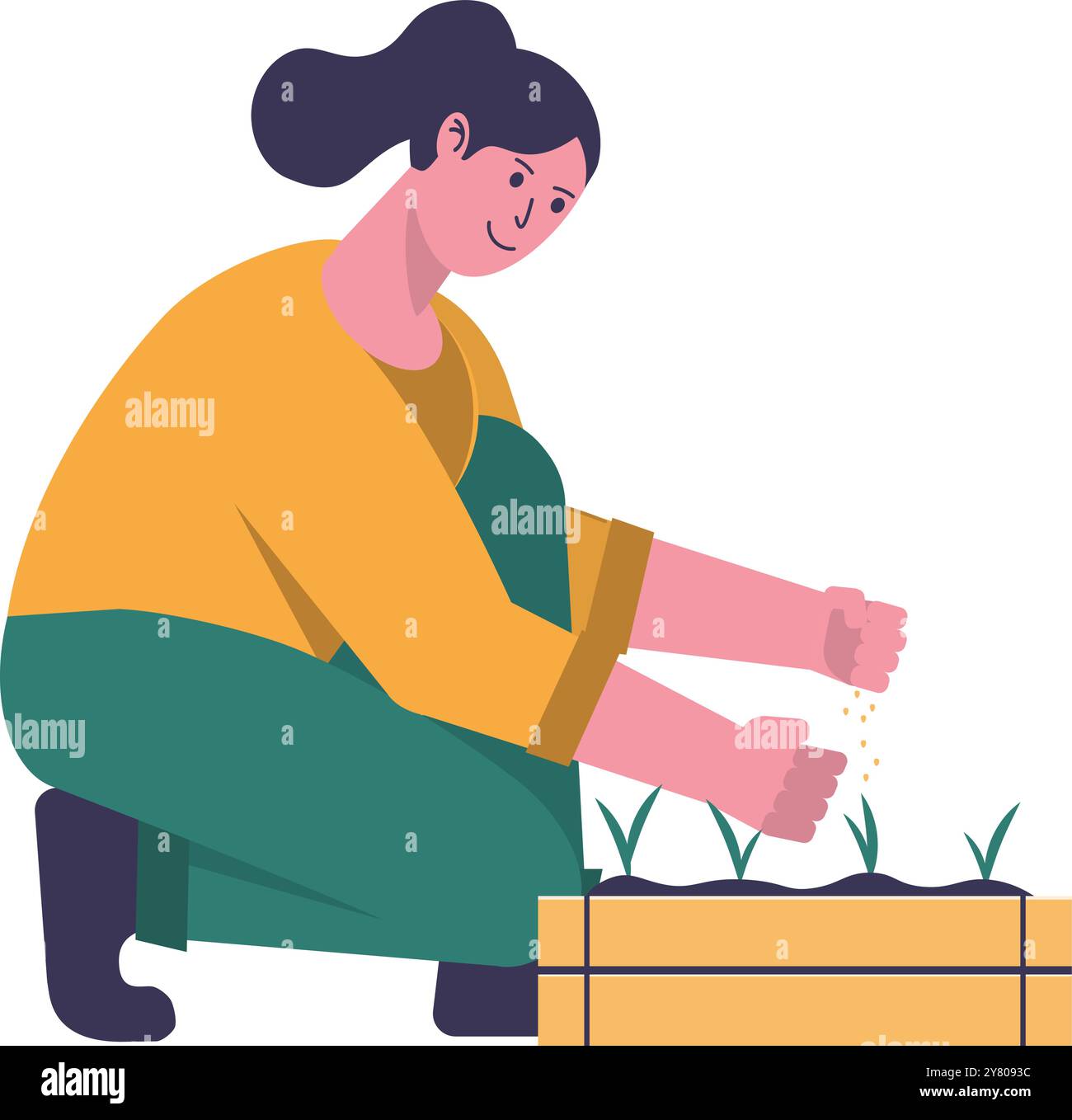 Happy cartoon woman farmer crouched on one knee and sows grain into a ...