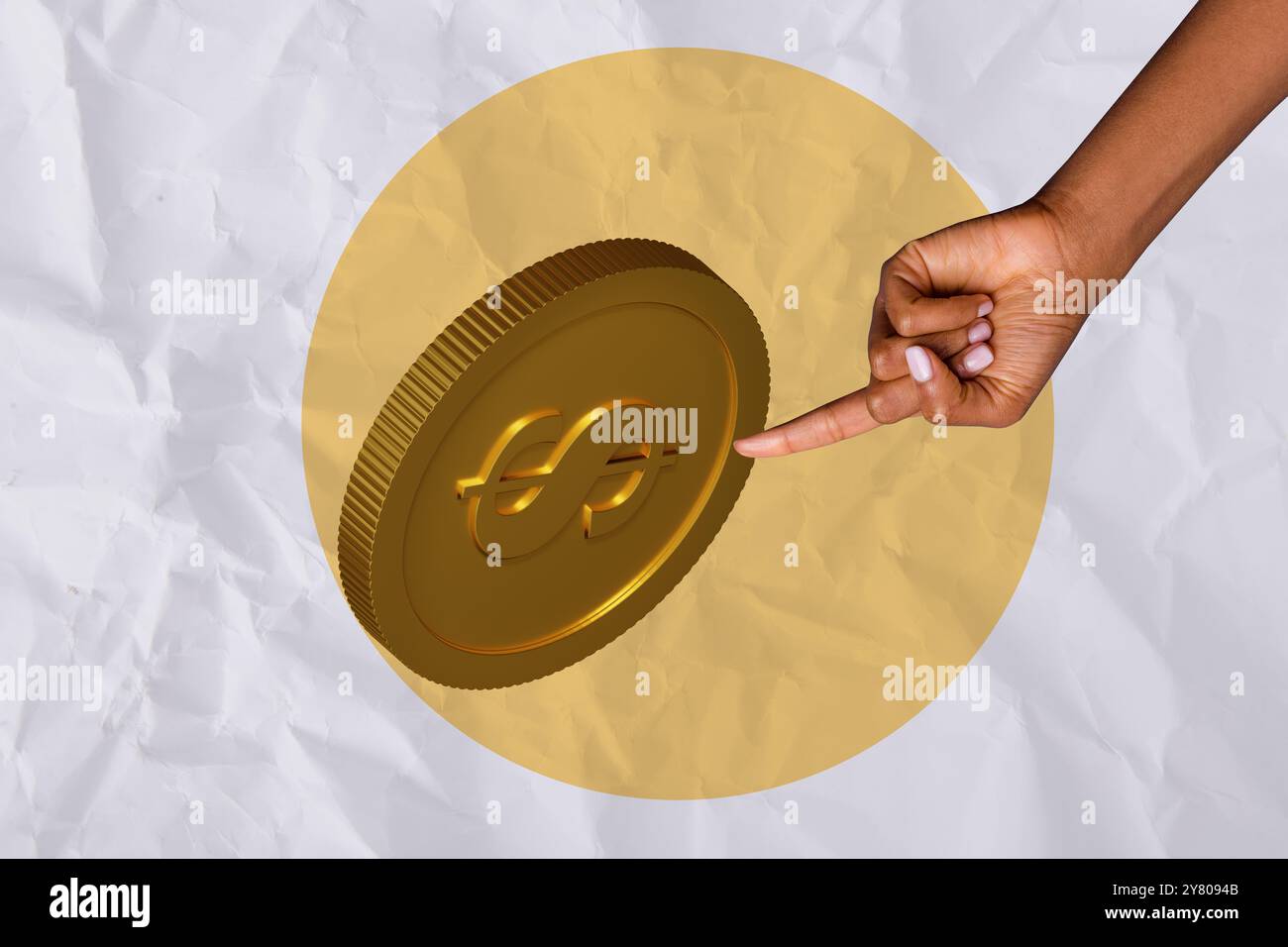 Creative collage image human hand body fragment touch golden coin ...