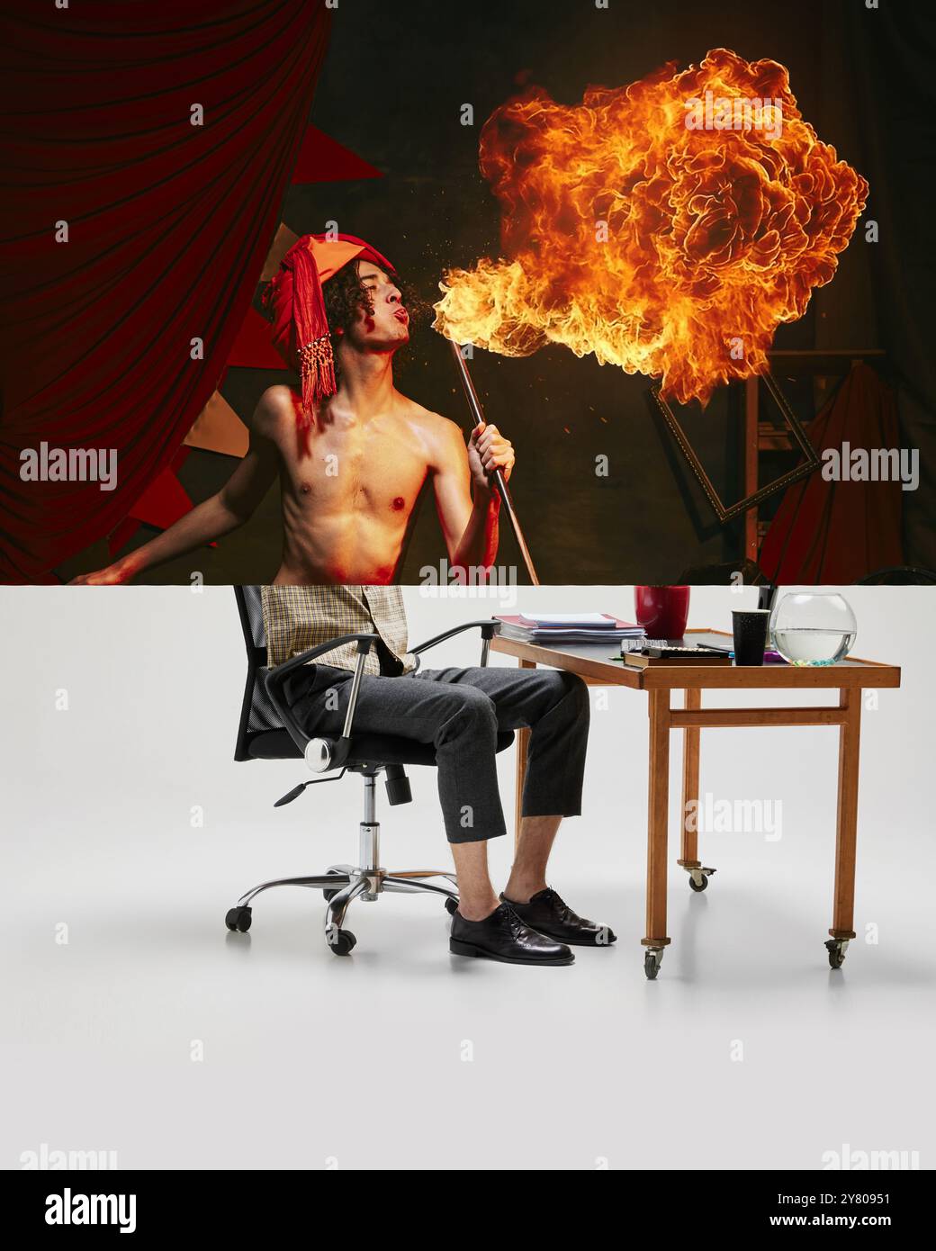 Fire breather and businessman. Creative collage. Top half features ...