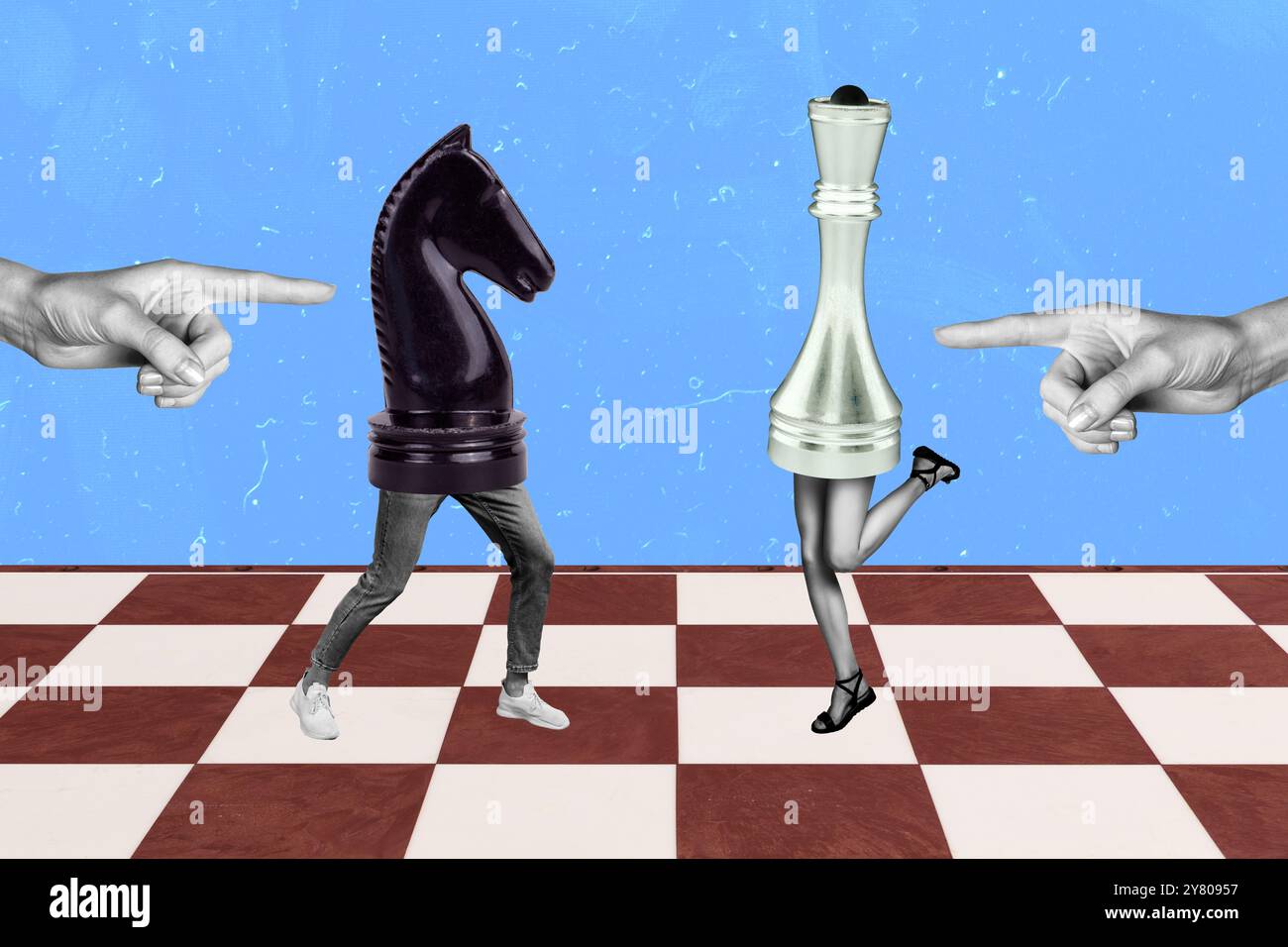 Creative collage picture headless human bodies man woman legs finger ...