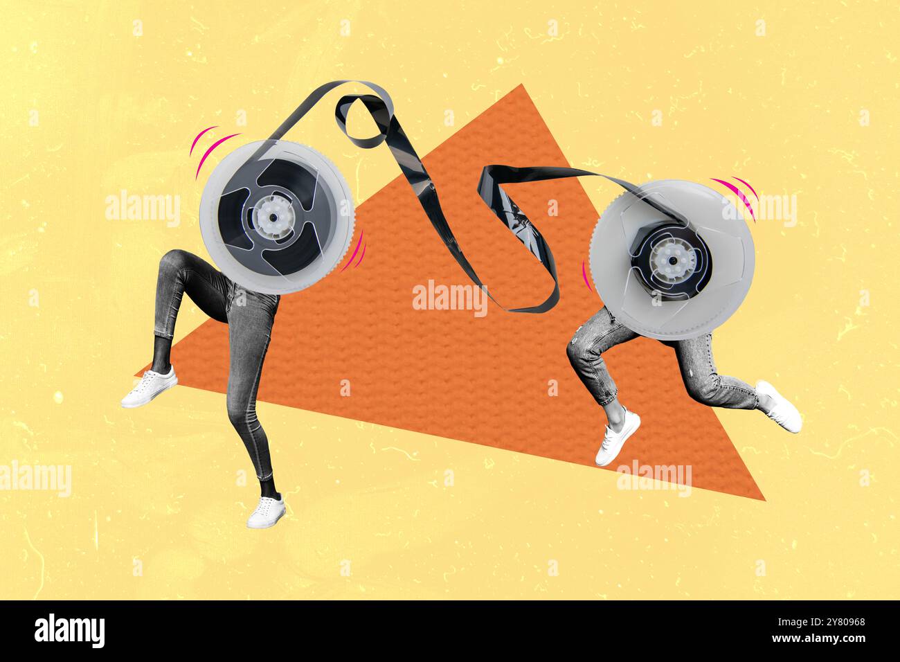 Creative collage human body fragments legs dance jump cassettes tapes ...