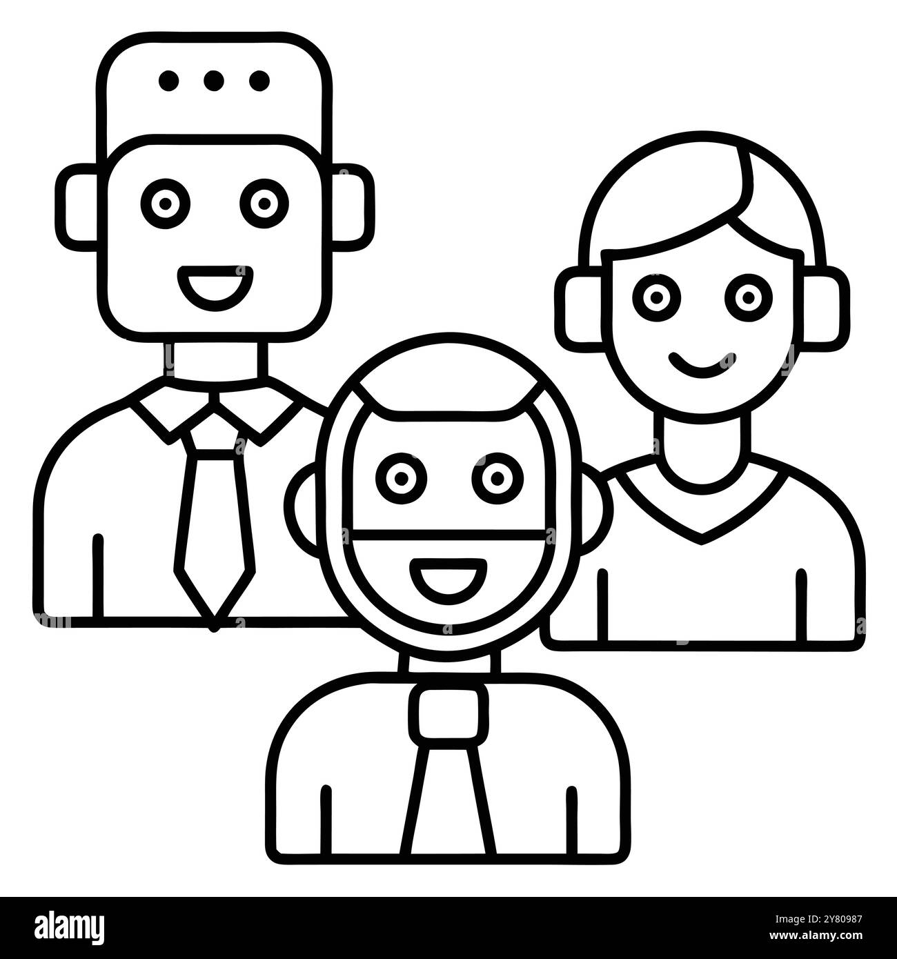 A line drawing illustration of three friendly robots wearing suits and ...