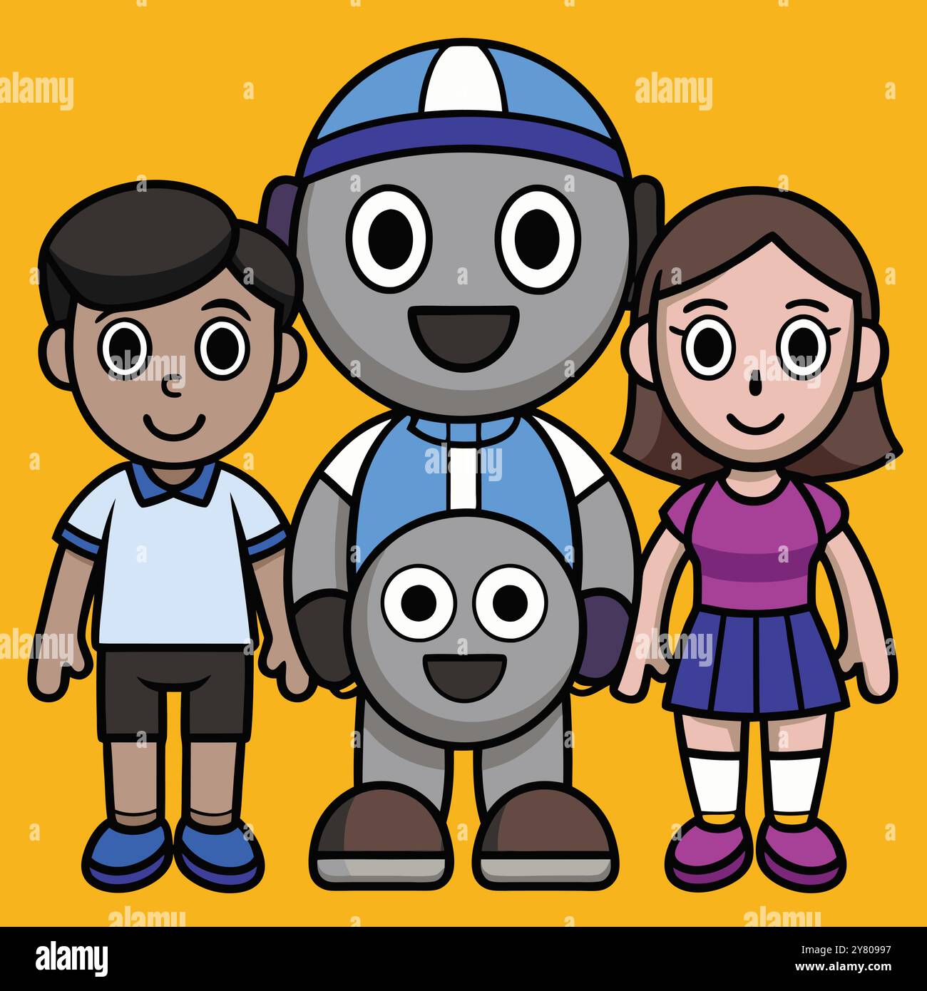 Cute cartoon illustration of a robot with two kids. representing ...
