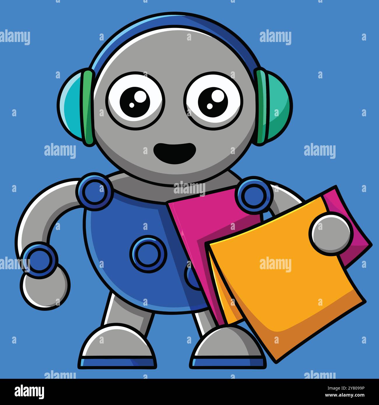 A friendly cartoon robot wearing headphones and holding colorful sticky ...