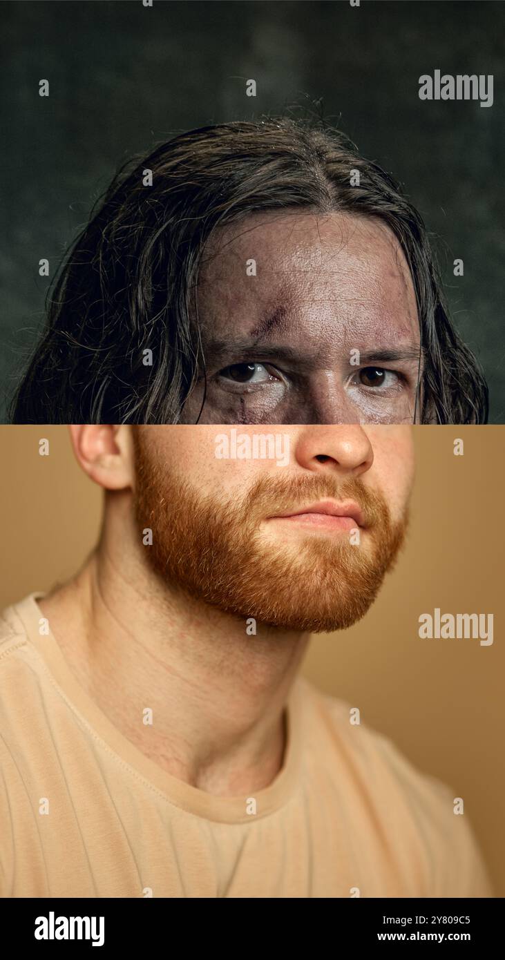 Wounded fighter. Creative collage. Male face with battle scars, merging ...