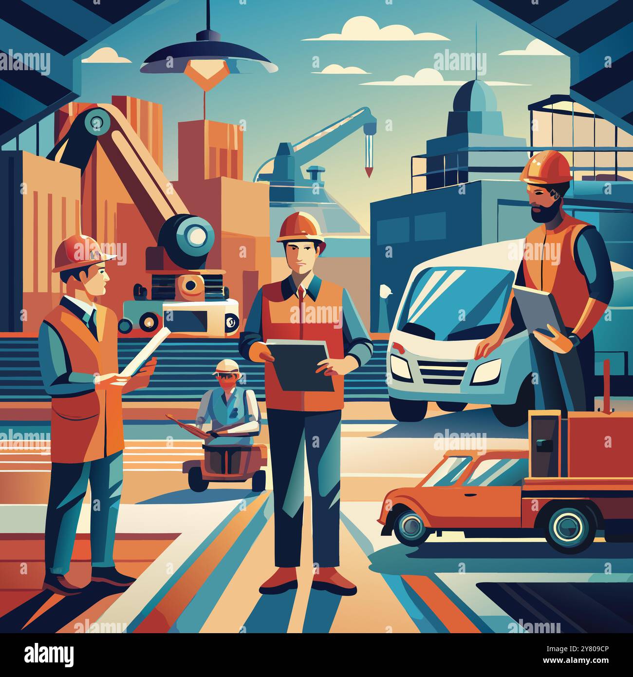 Bustling construction site workers machinery Stock Vector Images - Alamy