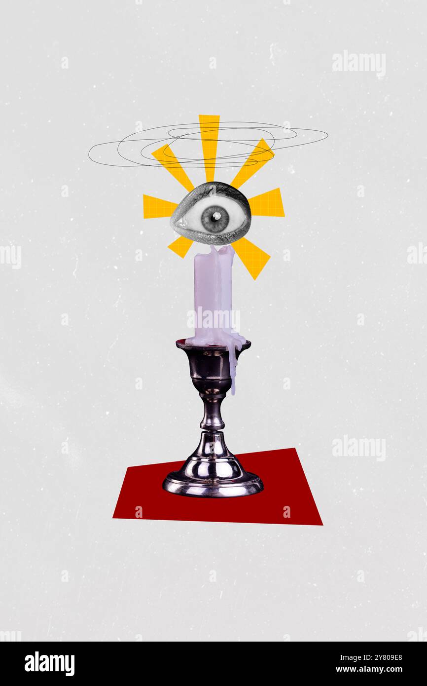 Vertical creative art collage of silver candlestick wax melt eyeball ...