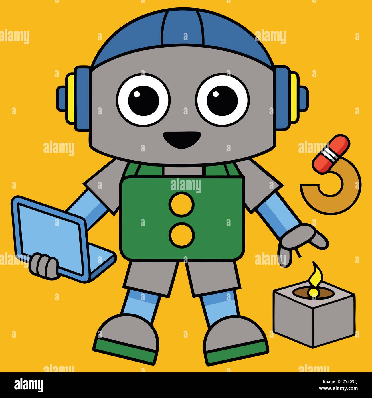 Cute cartoon robot holding a laptop and a beaker. wearing headphones ...