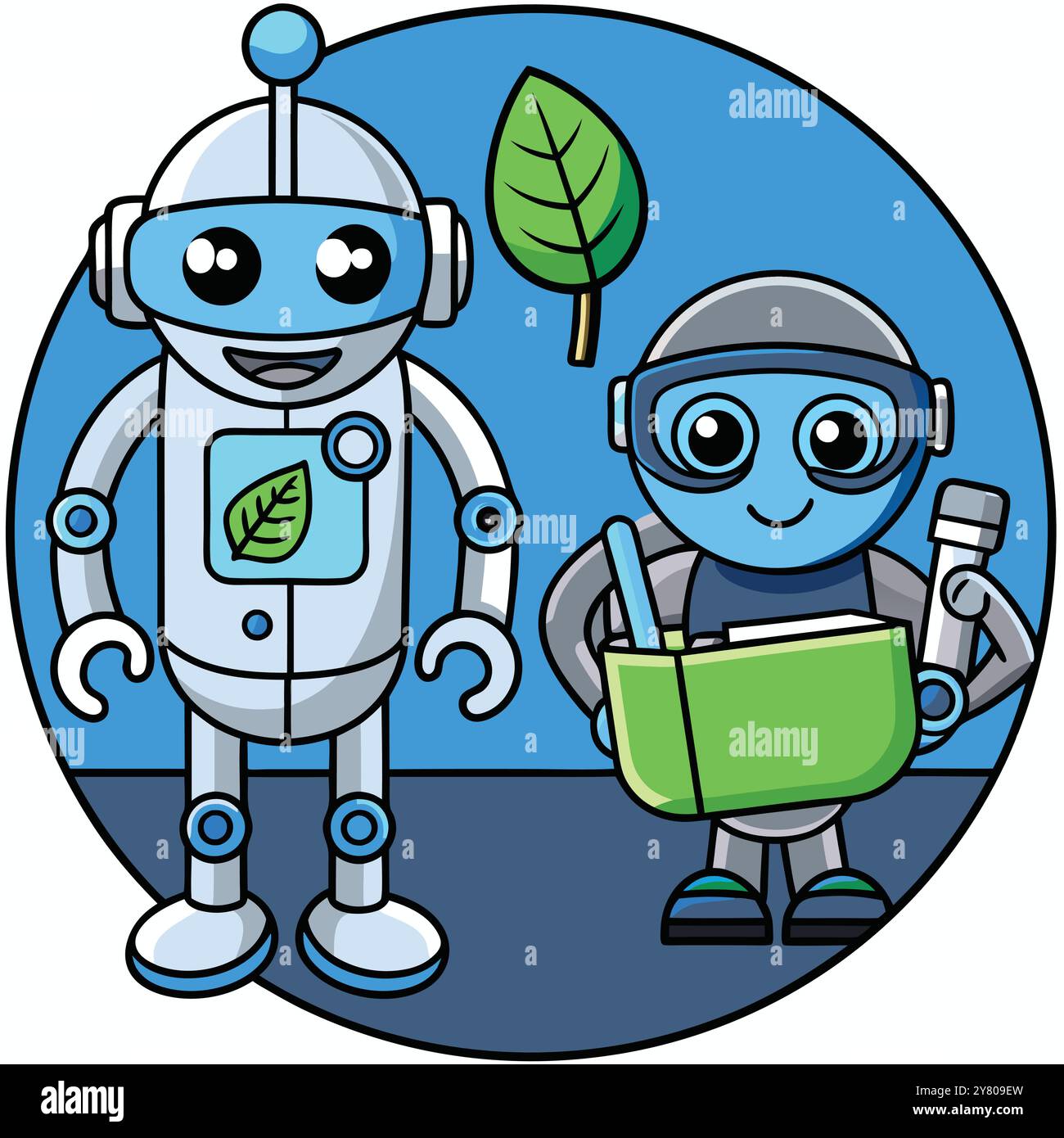 Cute cartoon robots with friendly expressions. one white and one blue ...