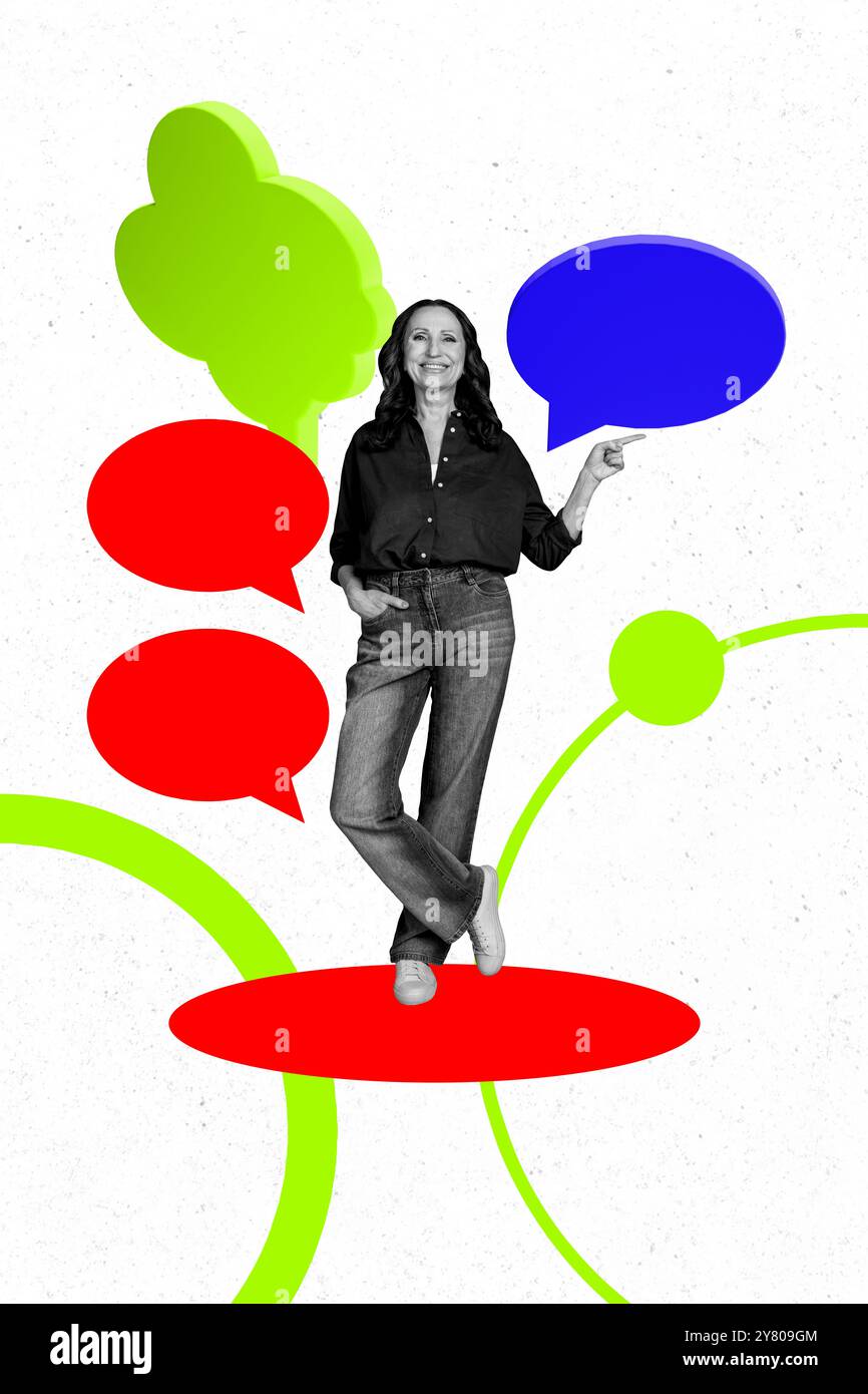 Vertical photo collage of happy old woman point colorful text box ...