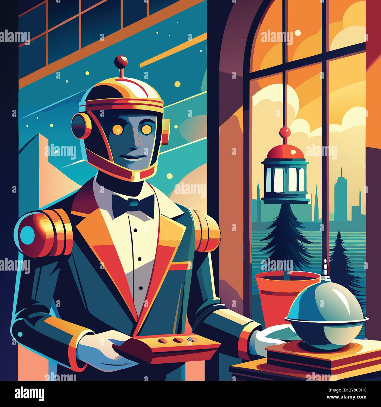 A friendly robot butler. clad in a tuxedo. stands by a window ...