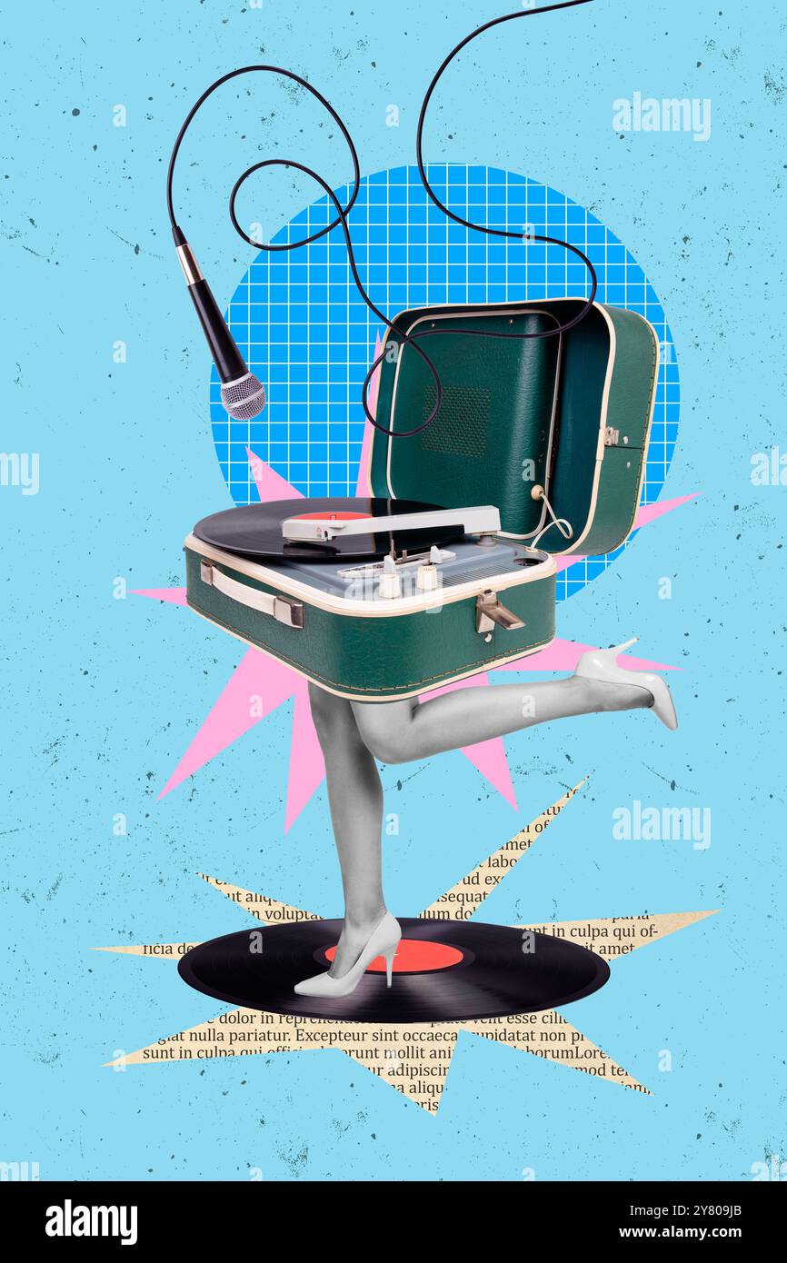 Collage of headless absurd caricature woman dancing on vinyl disc ...