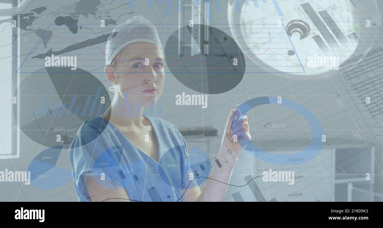 Image of statistics and data processing over caucasian female surgeon ...