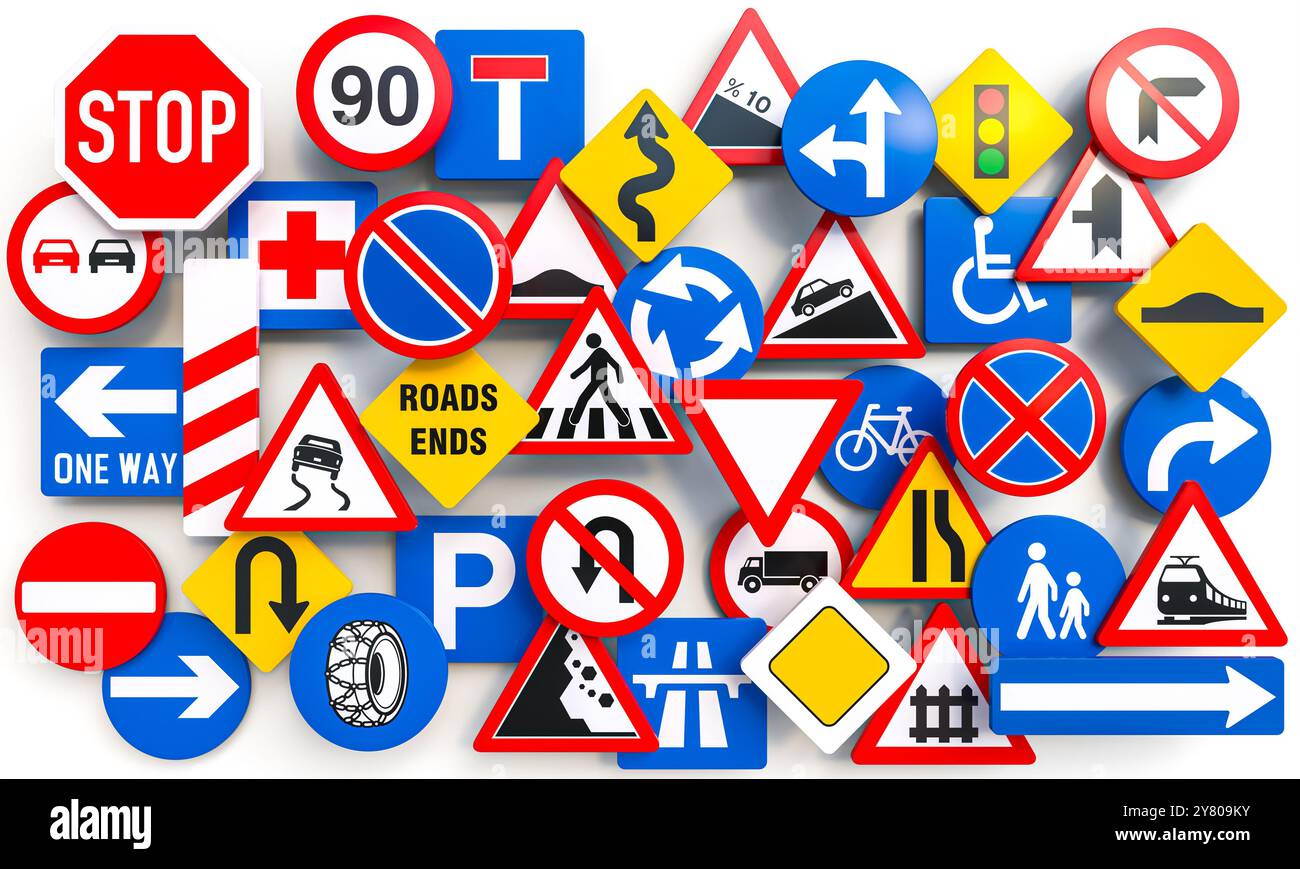 Collection road signs on white surface, traffic laws and regulations 3d ...