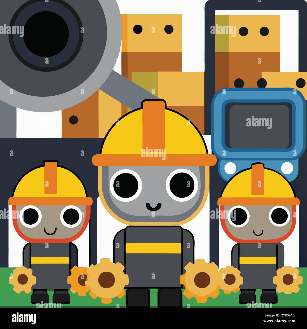 Cute cartoon robots in hardhats with smiling faces. standing amongst ...