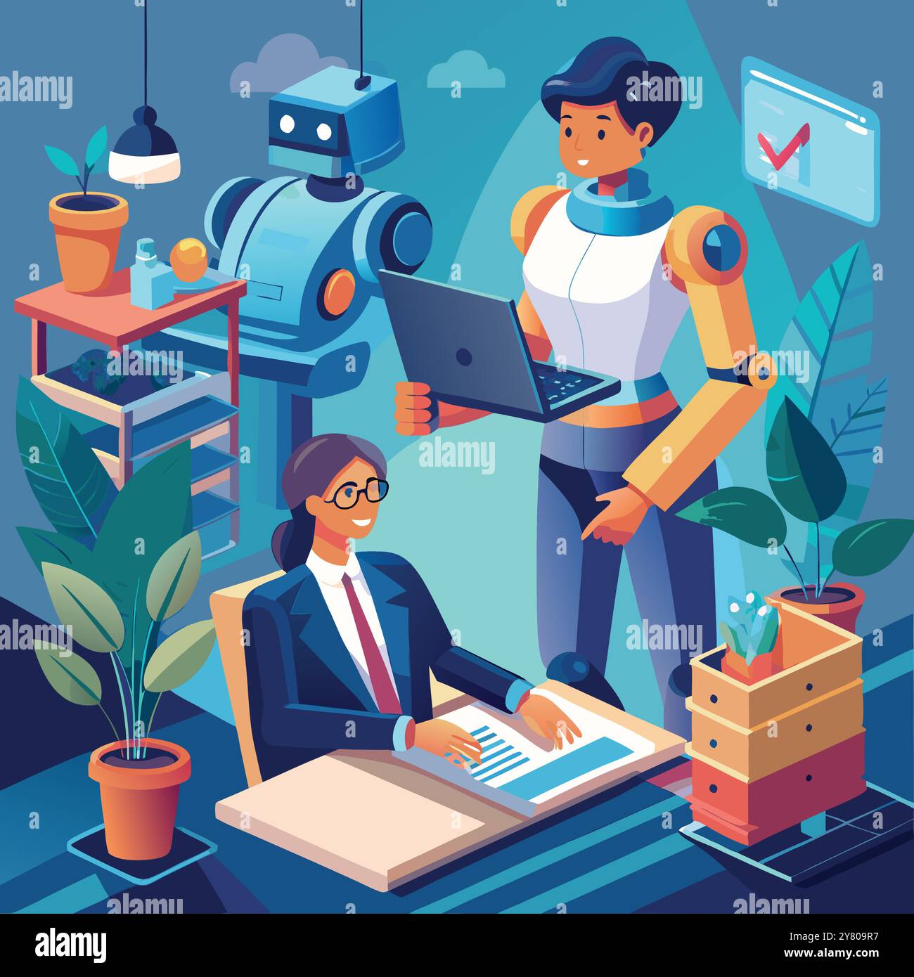 A friendly robot assistant helps a businessman review documents and ...