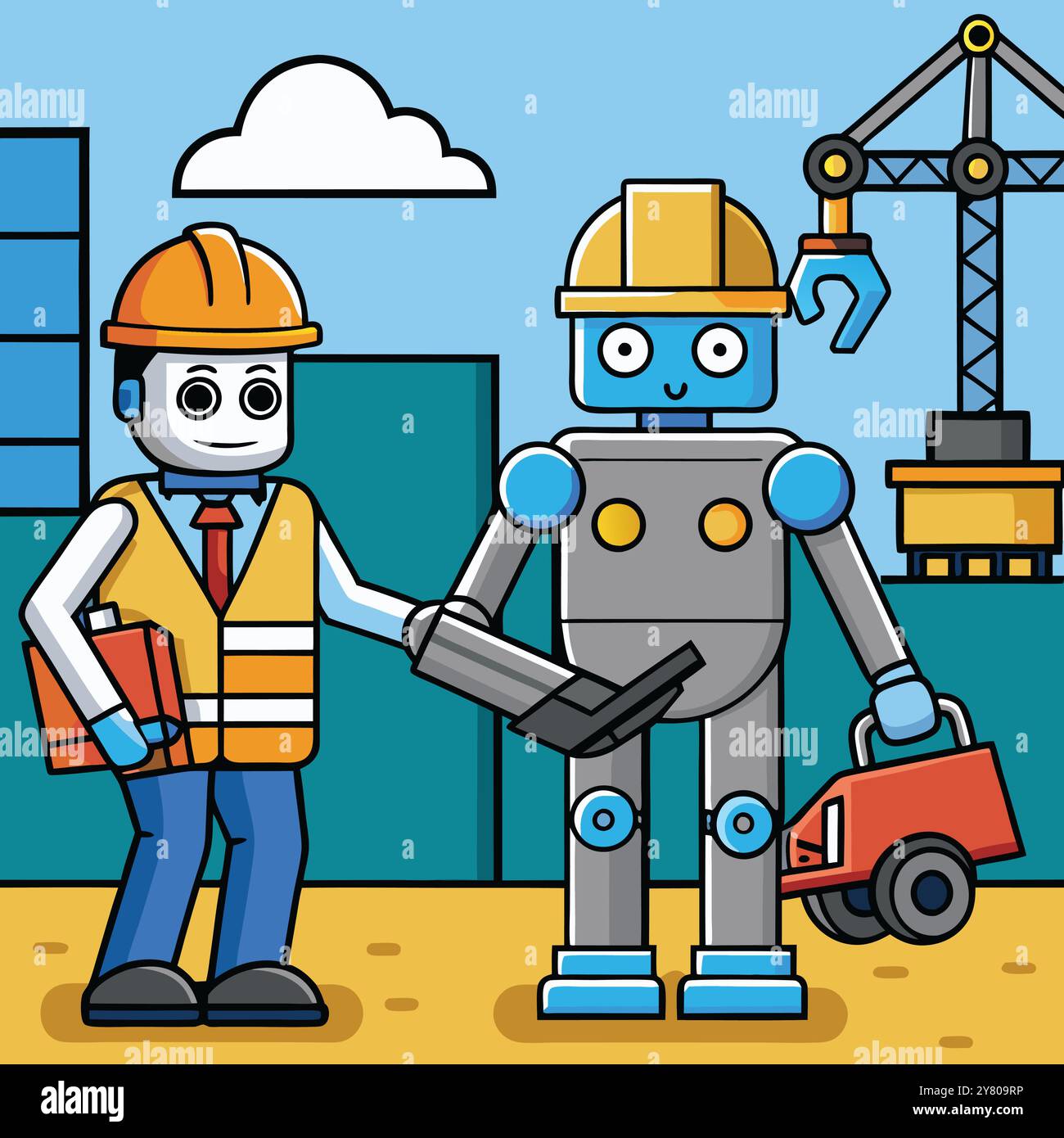 A friendly cartoon robot construction worker in a hard hat and safety ...
