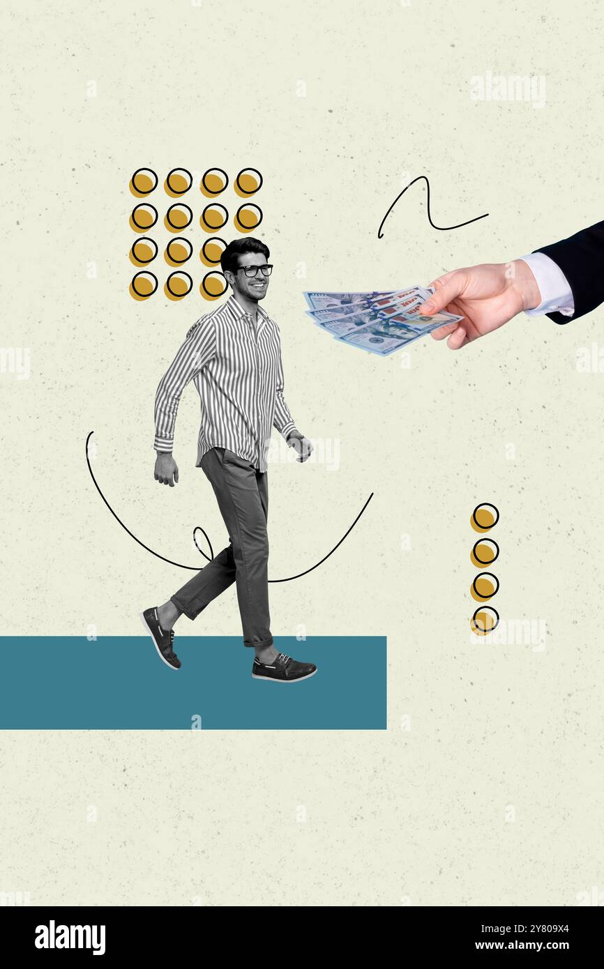 Vertical collage picture young man profession job worker walk step take ...