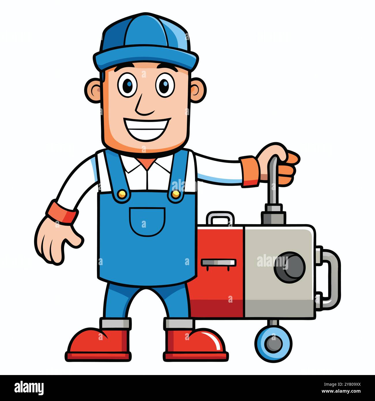 A friendly cartoon plumber with a big smile. wearing overalls and a cap ...