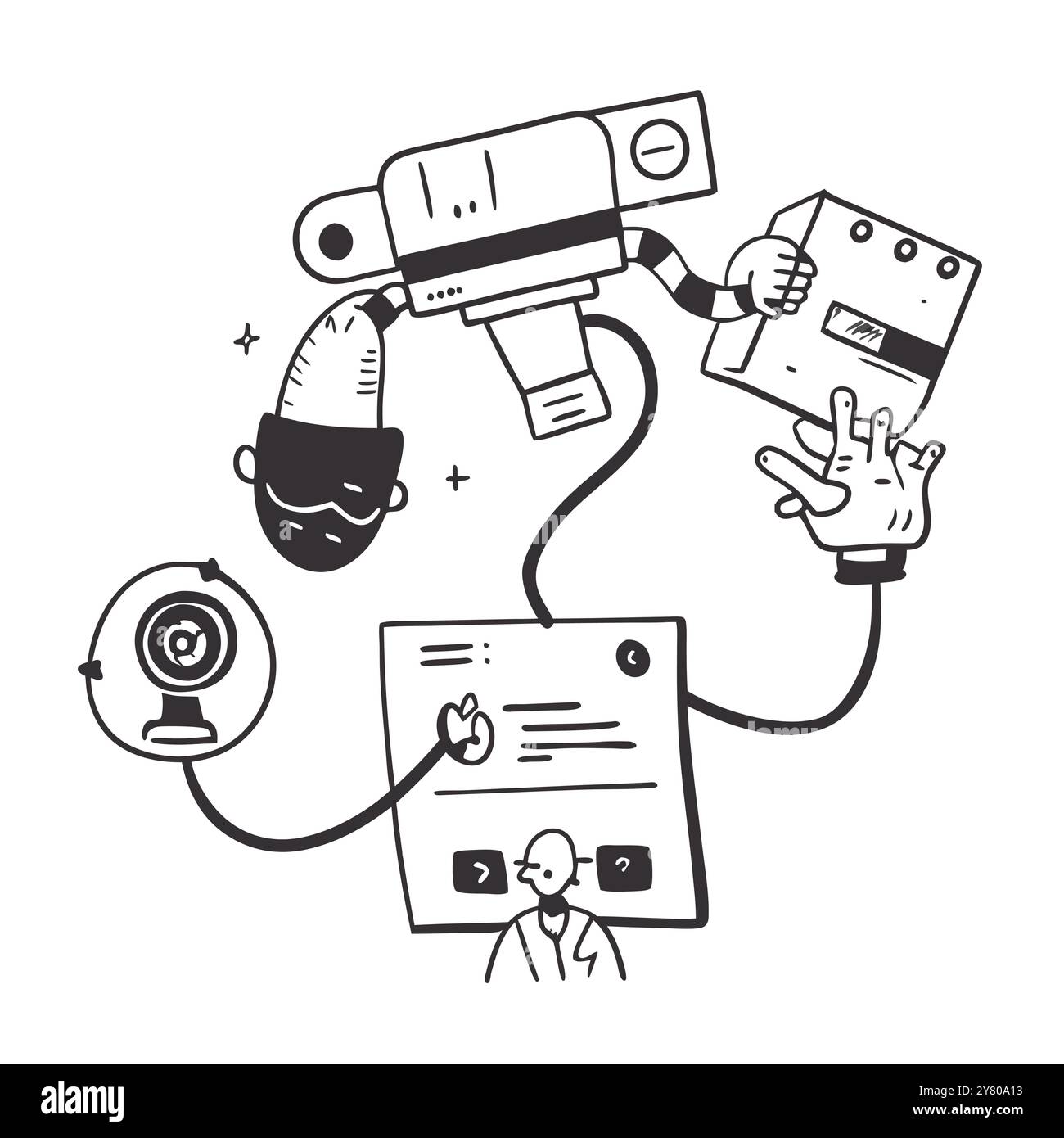 A quirky illustration depicting a person interacting with a computer ...