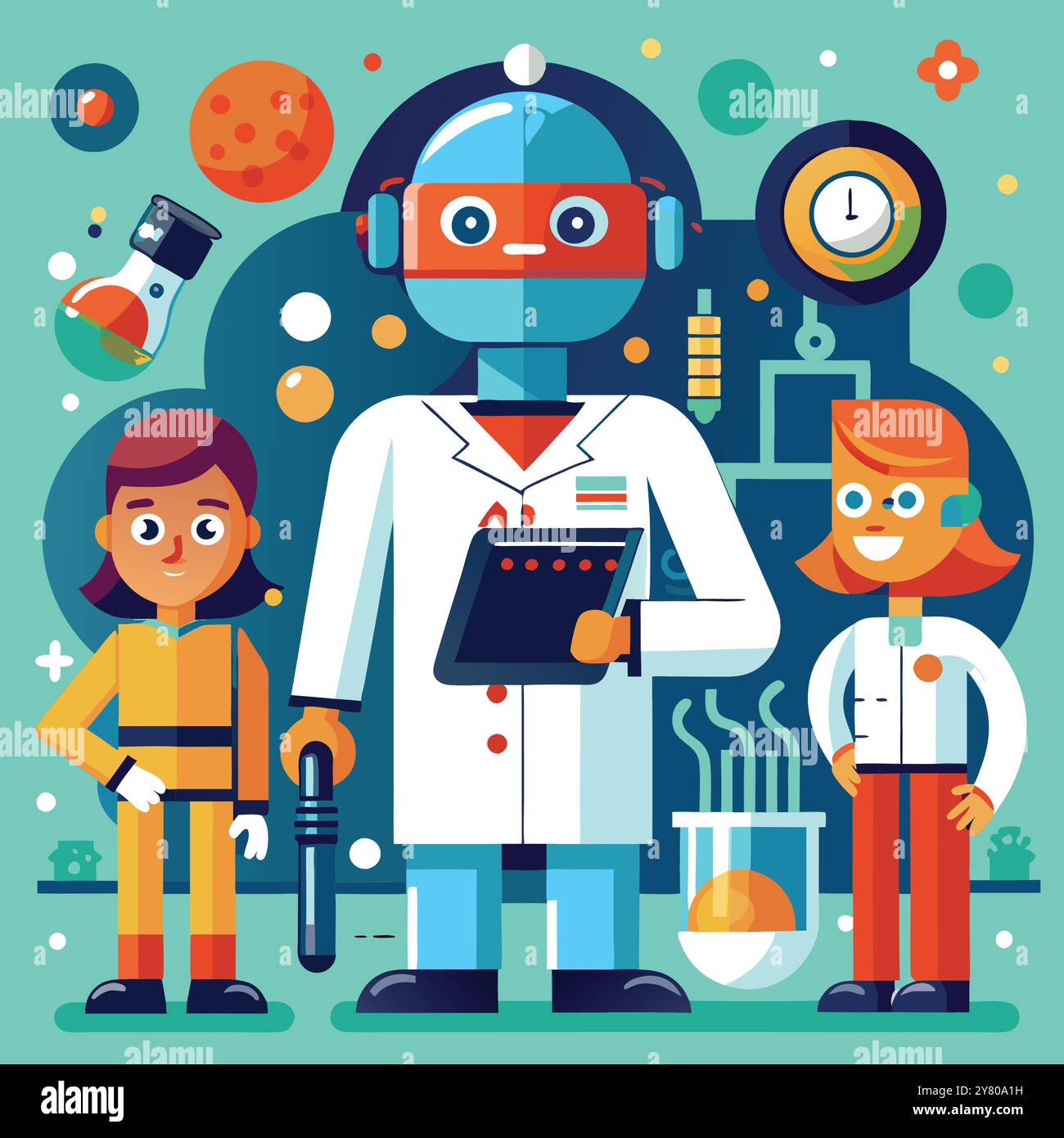 A friendly AI robot scientist in a lab coat stands with two assistants ...