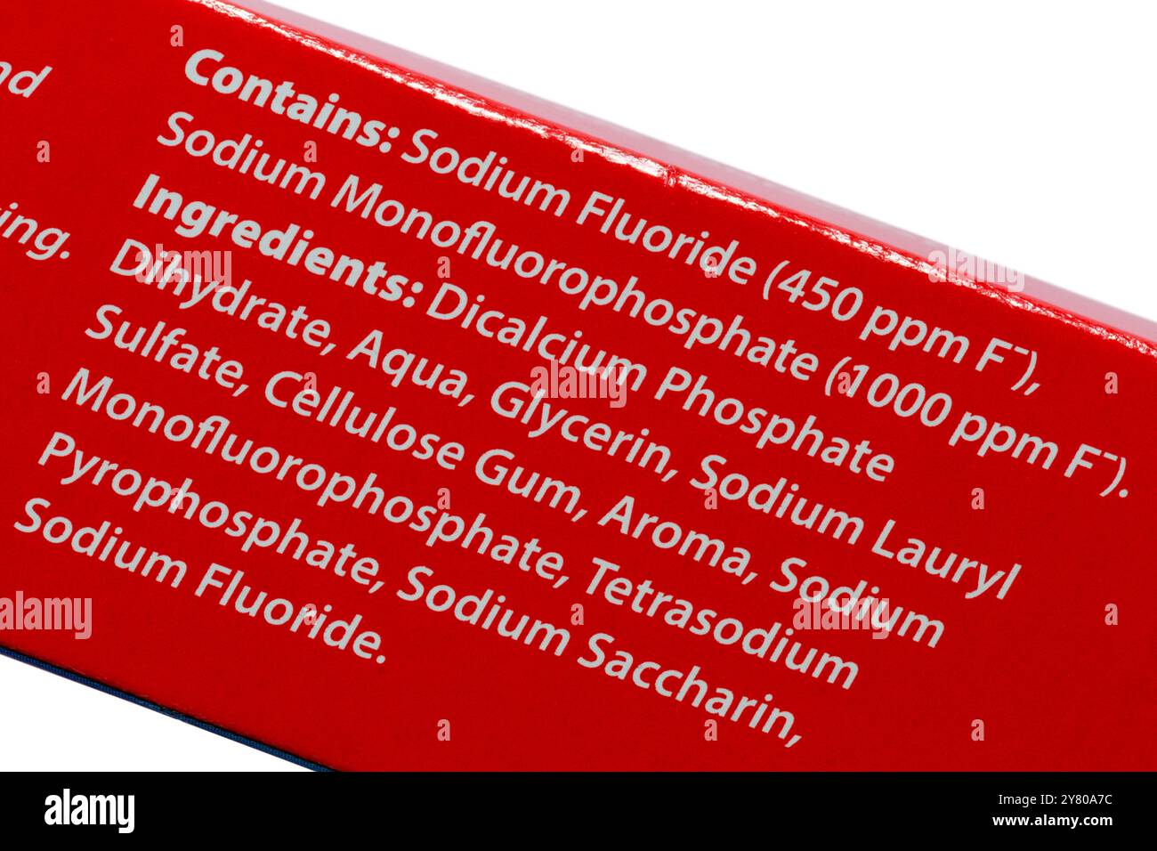 Toothpaste ingredients listed on box of new look Colgate Cavity ...