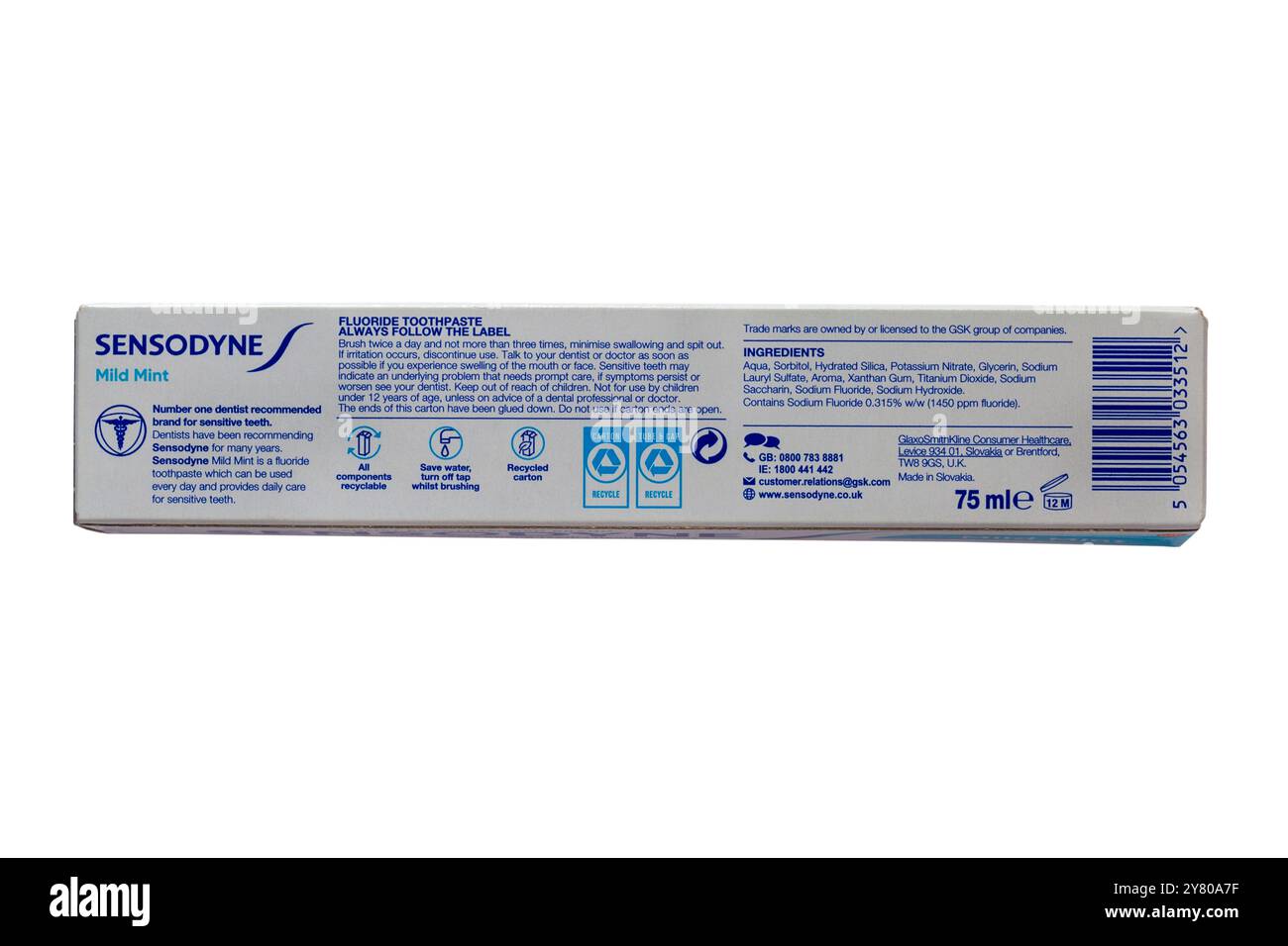Information & Toothpaste ingredients listed on box of Sensodyne Mild ...