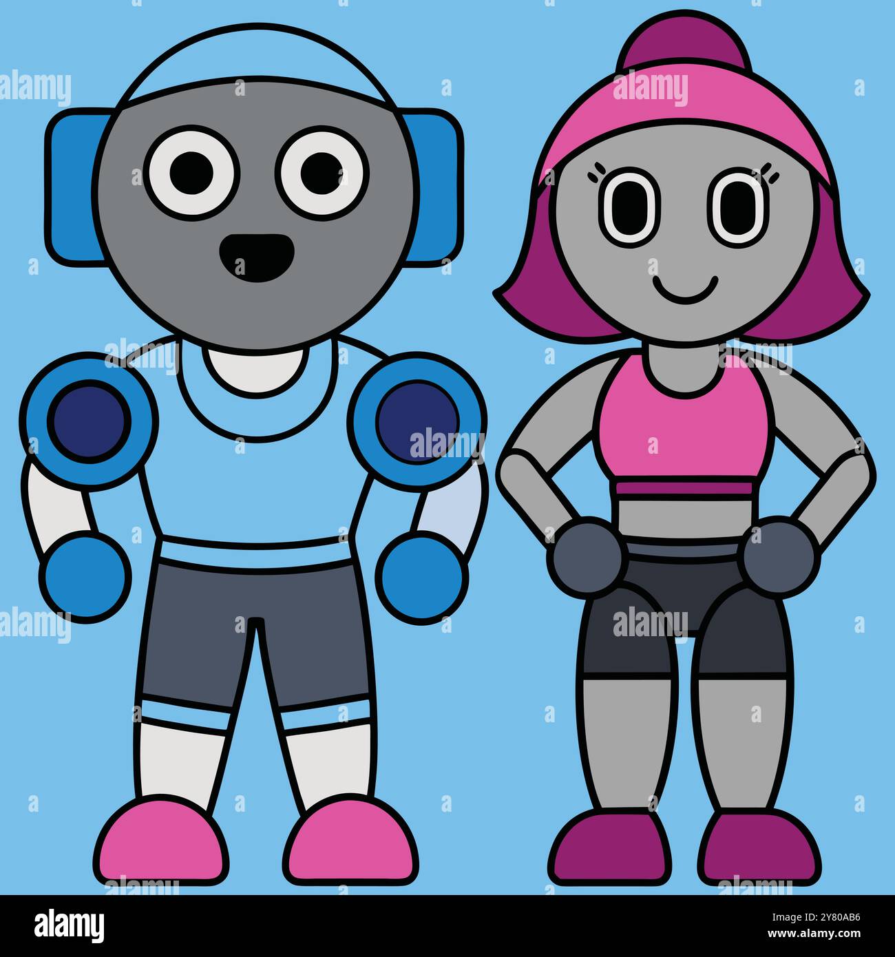 A pair of friendly robots. one blue and one pink. stand side by side with big smiles on their ...