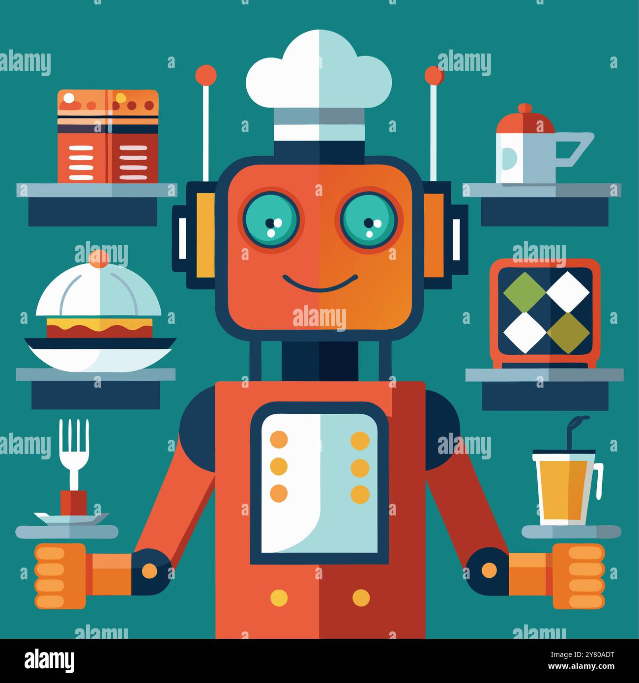 A friendly robot chef in flat design serves a meal. This illustration ...
