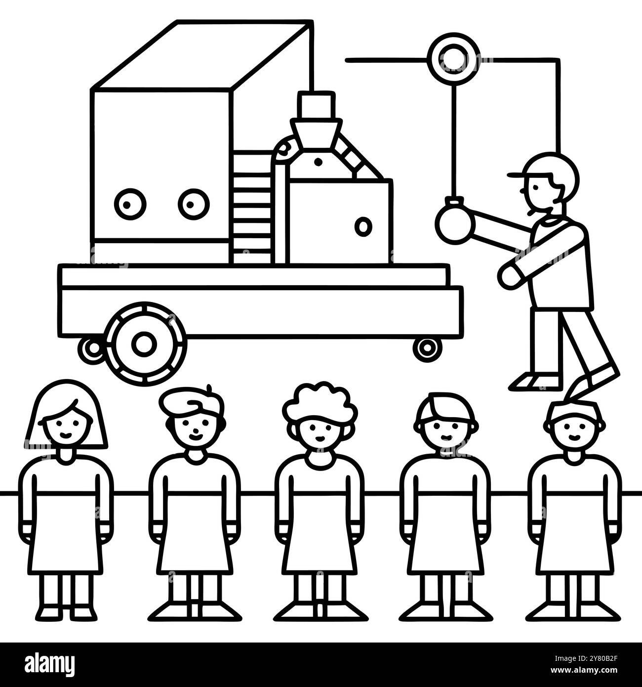 Simple line art illustration of a machine and a person interacting with ...
