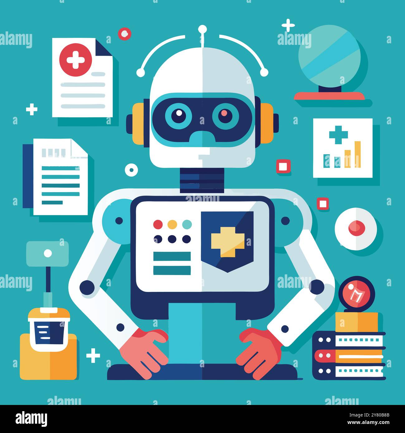 Friendly AI robot with a medical shield. standing on a blue background ...