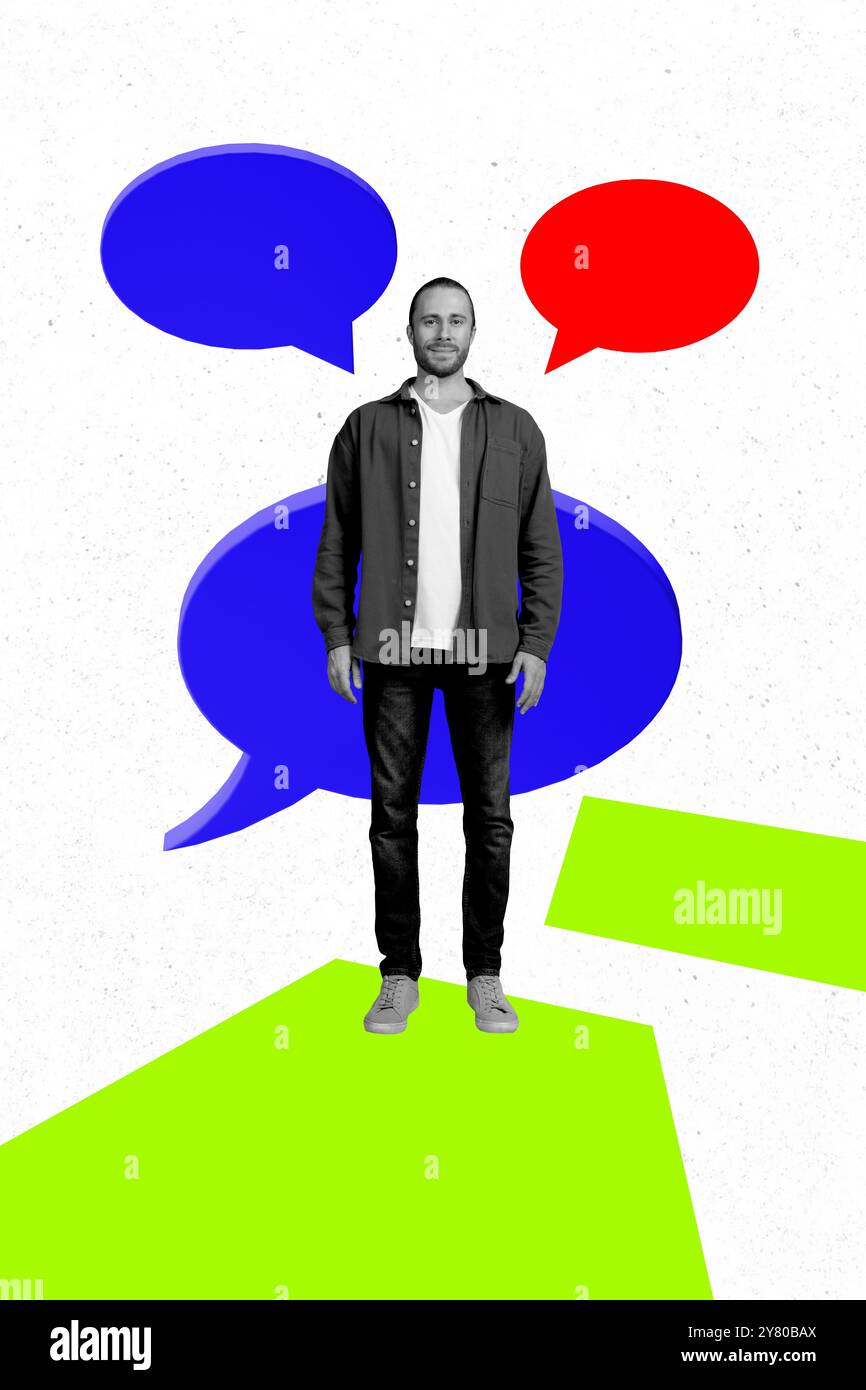 Vertical photo collage of happy man stand colorful text box ...