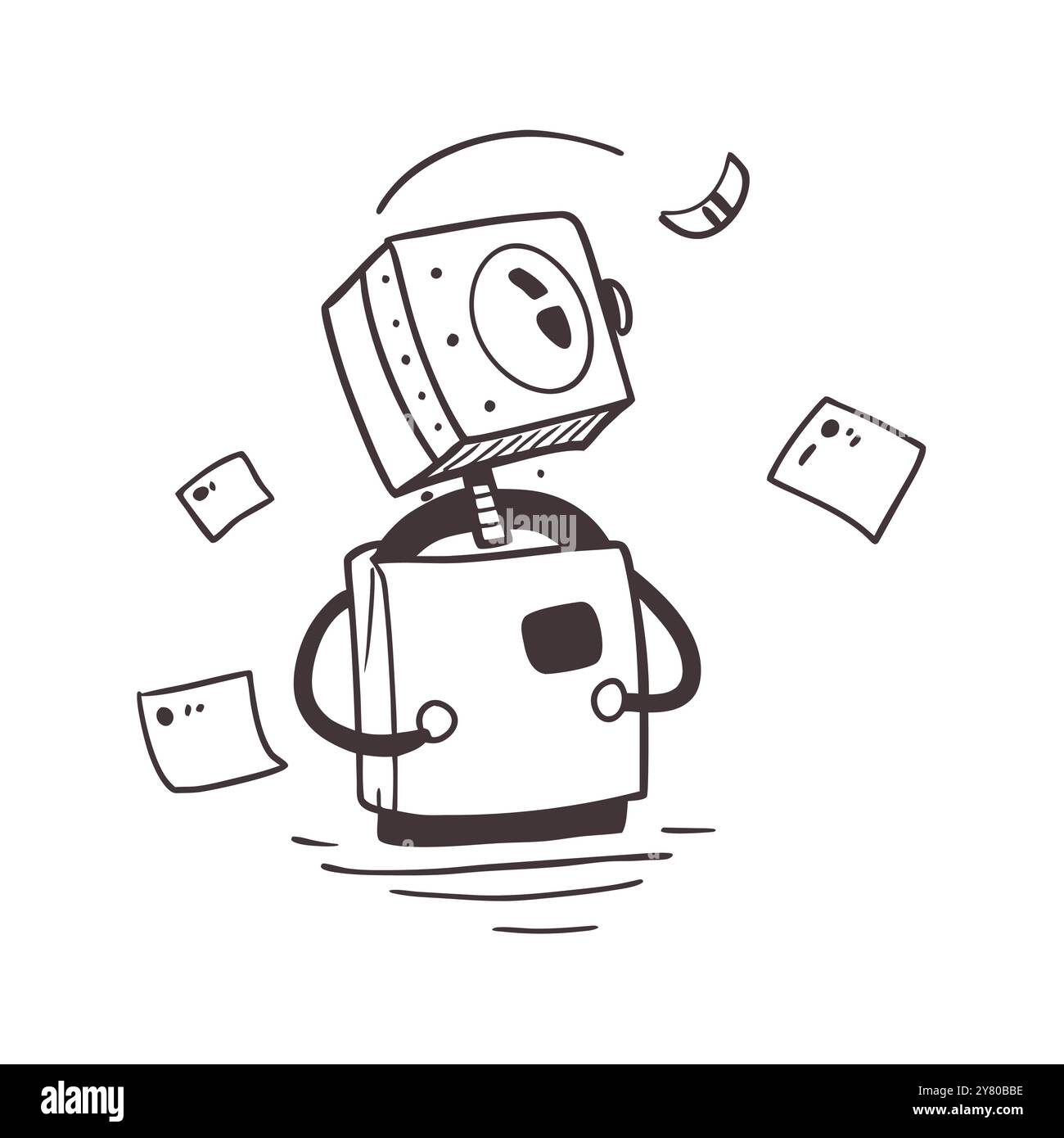 Cute cartoon robot with square head and body. holding blank rectangular ...