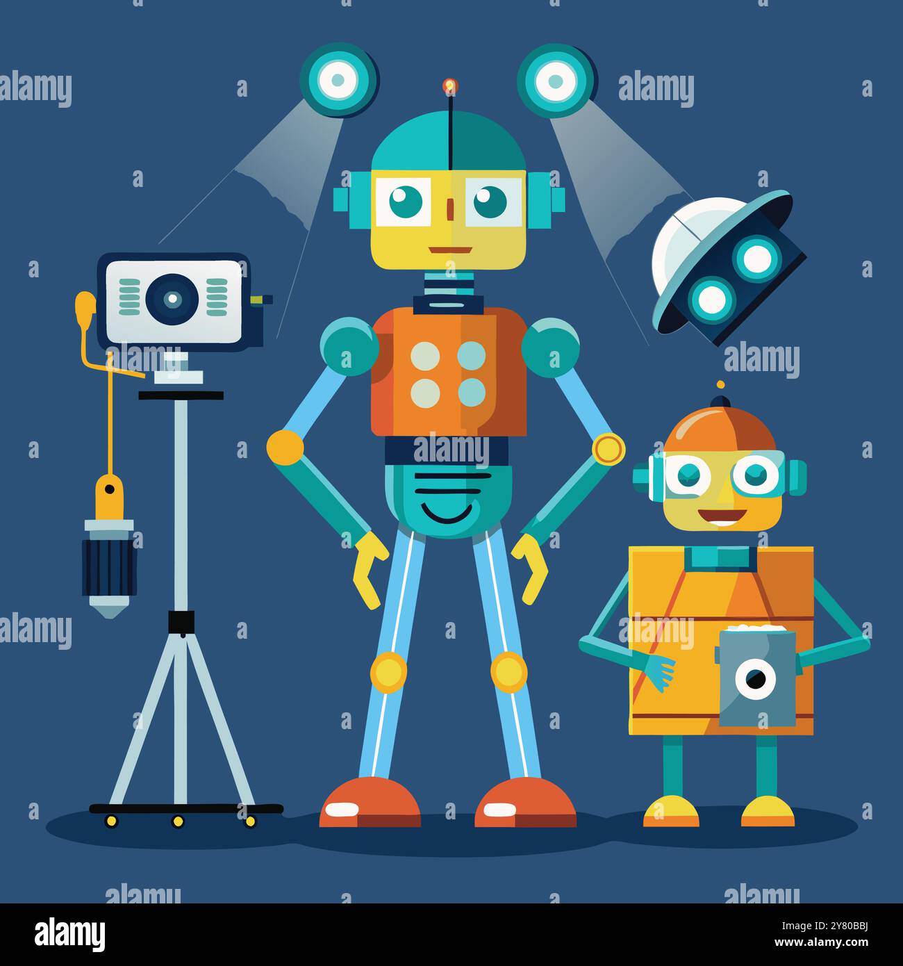 A cheerful illustration of three robots. one large. one small. and one ...
