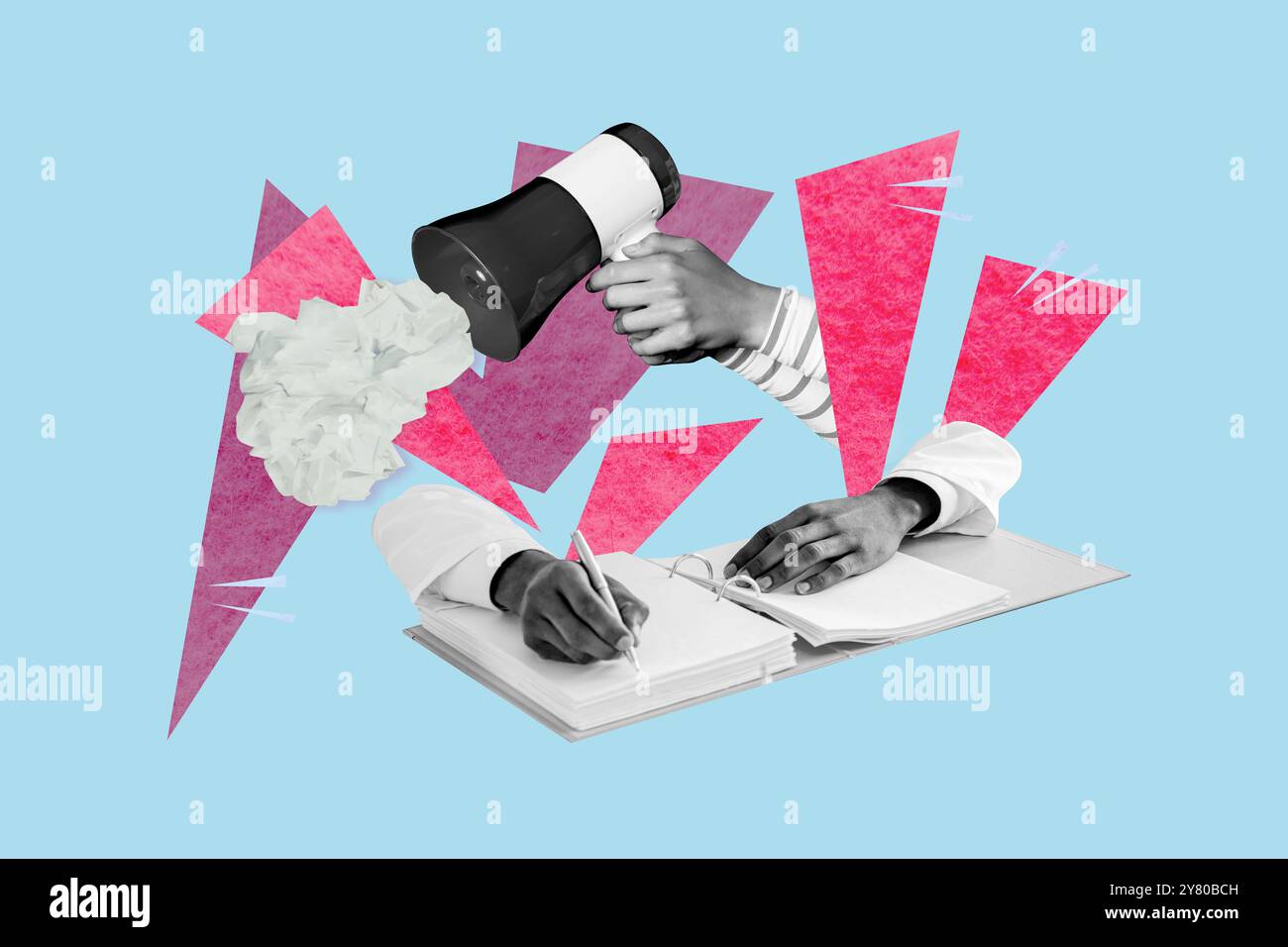 Creative collage image worker write down pen loudspeaker announce ...