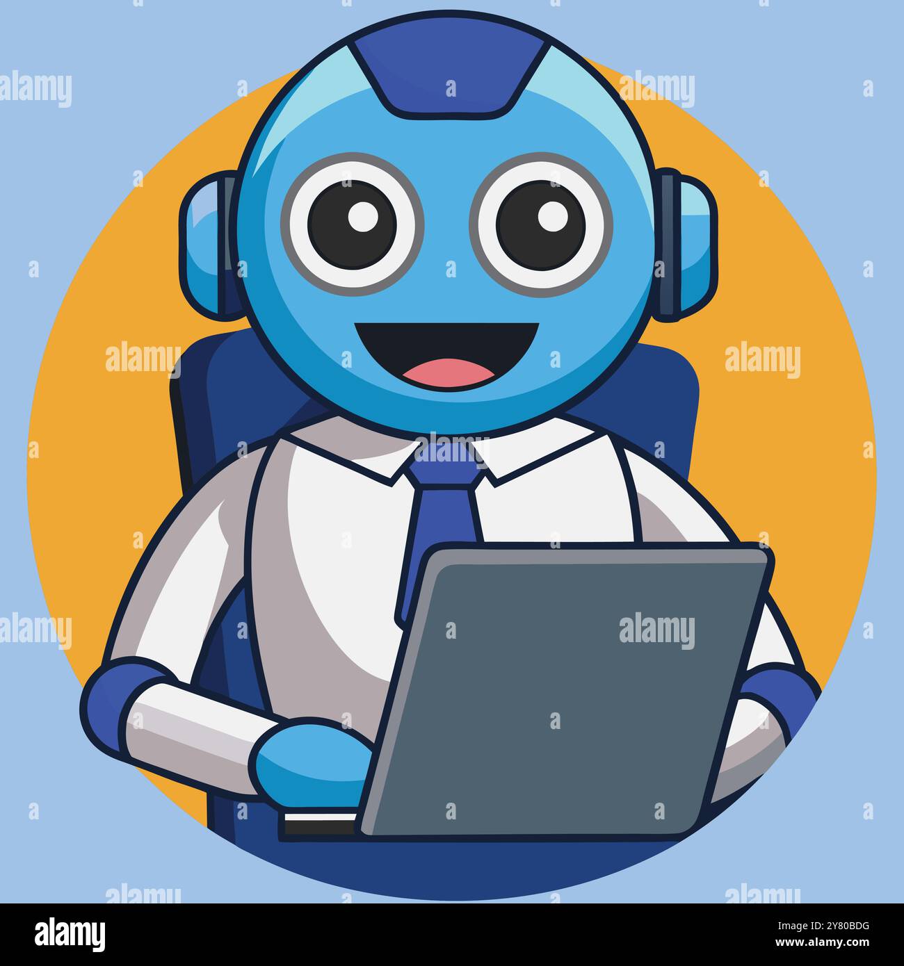 A friendly AI robot in a white shirt and blue tie sits at a desk with a ...