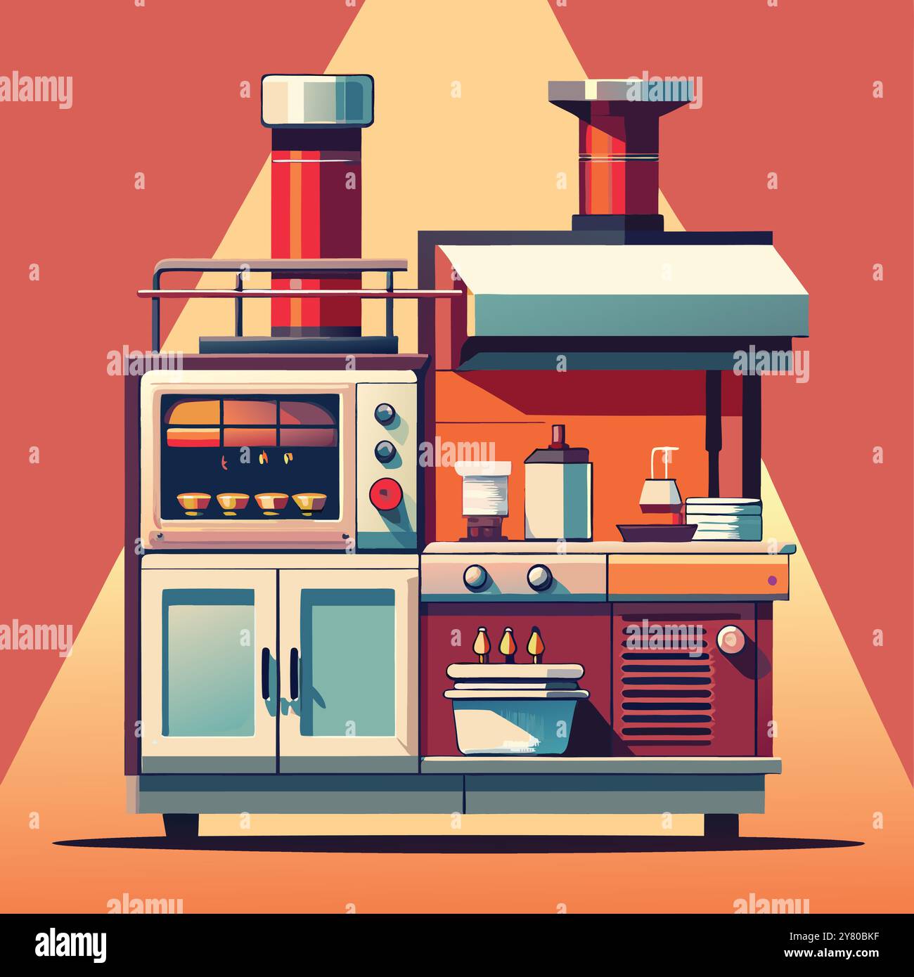 A colorful. cartoon style illustration of a commercial kitchen ...