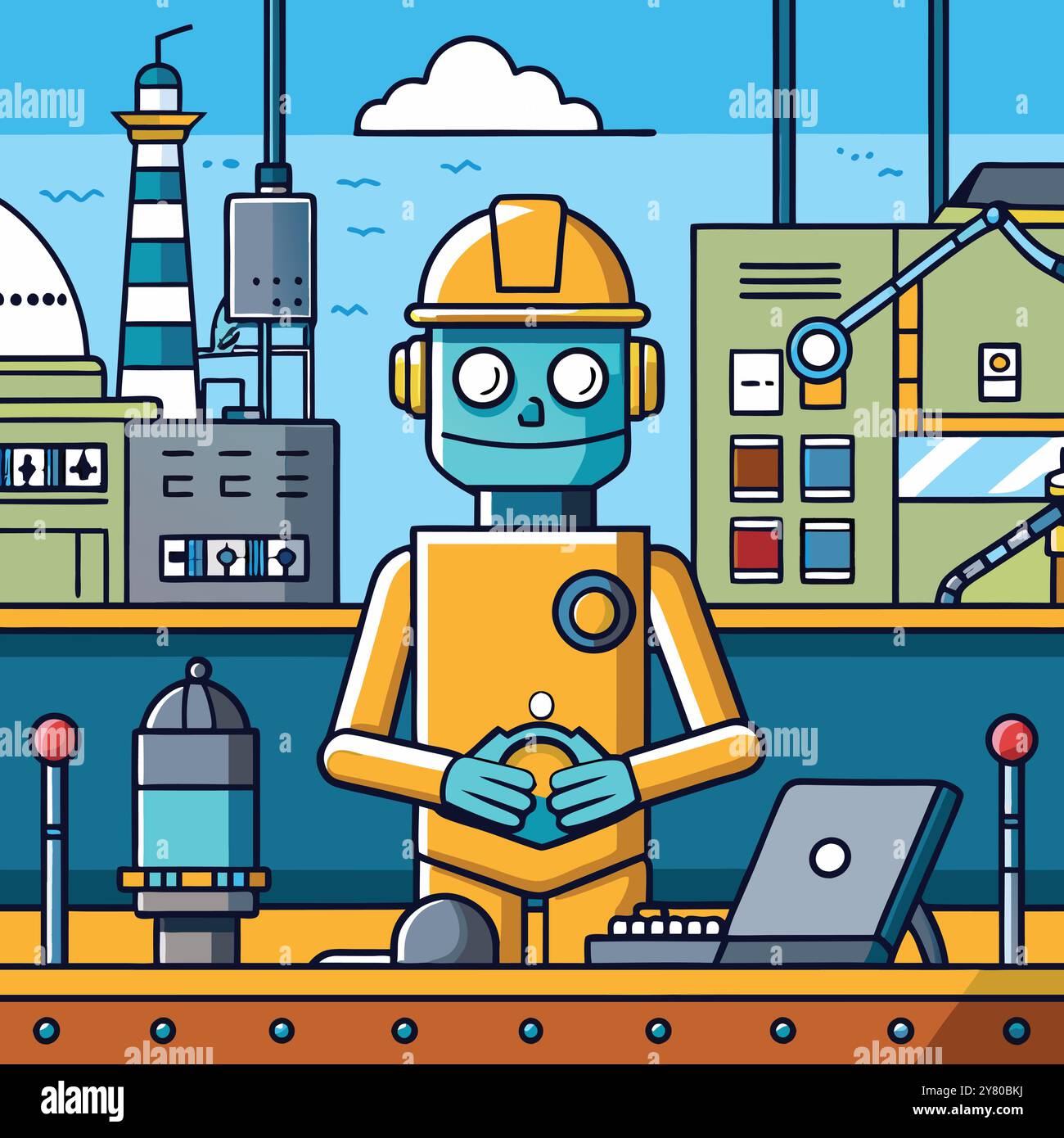 A friendly robot wearing a hard hat stands in front of an industrial ...