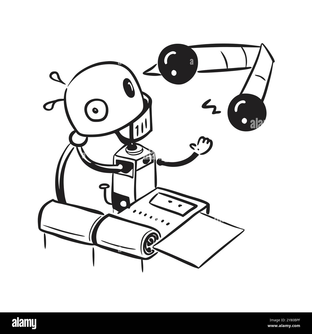 A cute robot with a large eye and a friendly face operates a futuristic ...